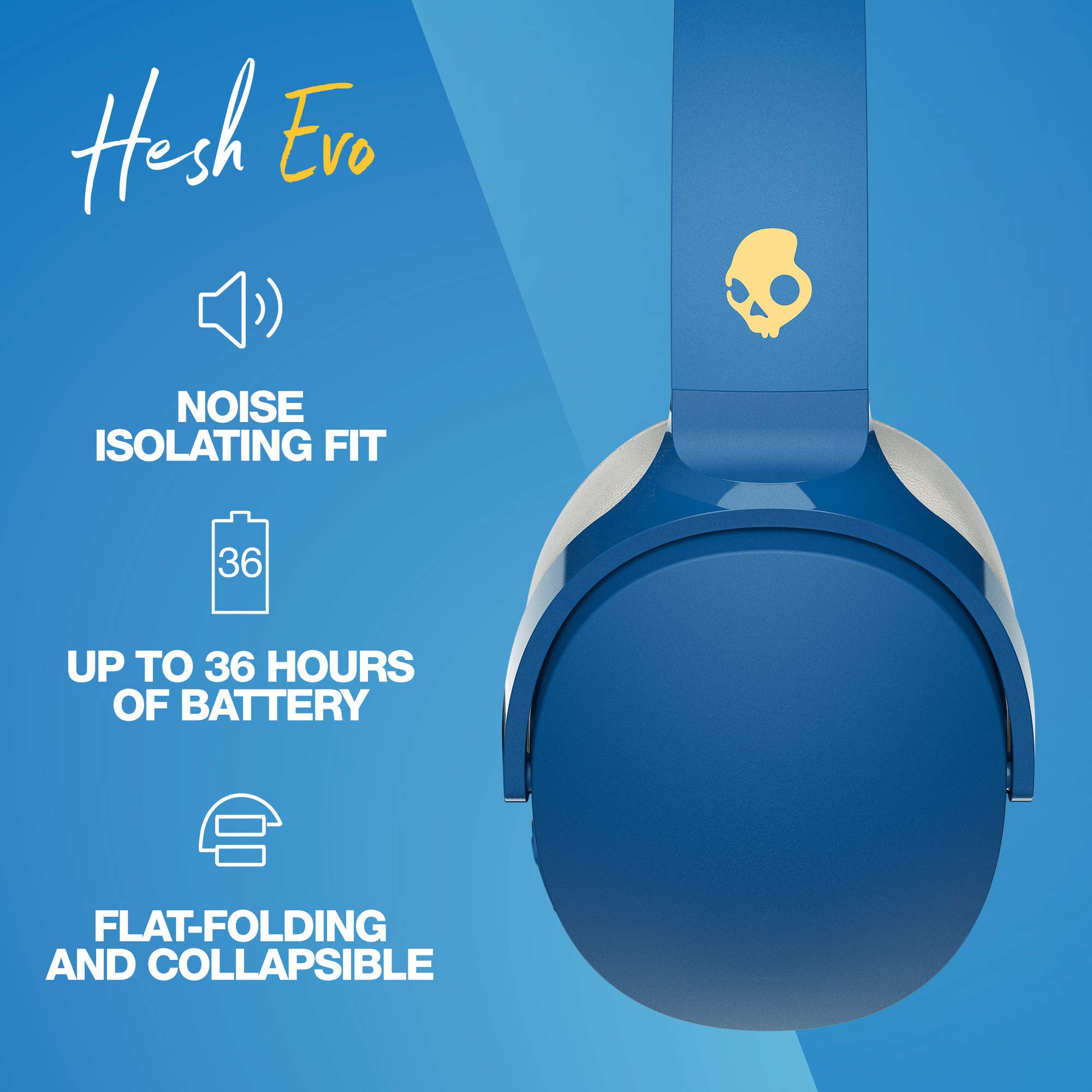 Skullcandy Hesh Evo Over-Ear Wireless Headphones, 36 Hr Battery, Microphone, Works with iPhone Android and Bluetooth Devices - 92 Blue (Discontinued by Manufacturer)