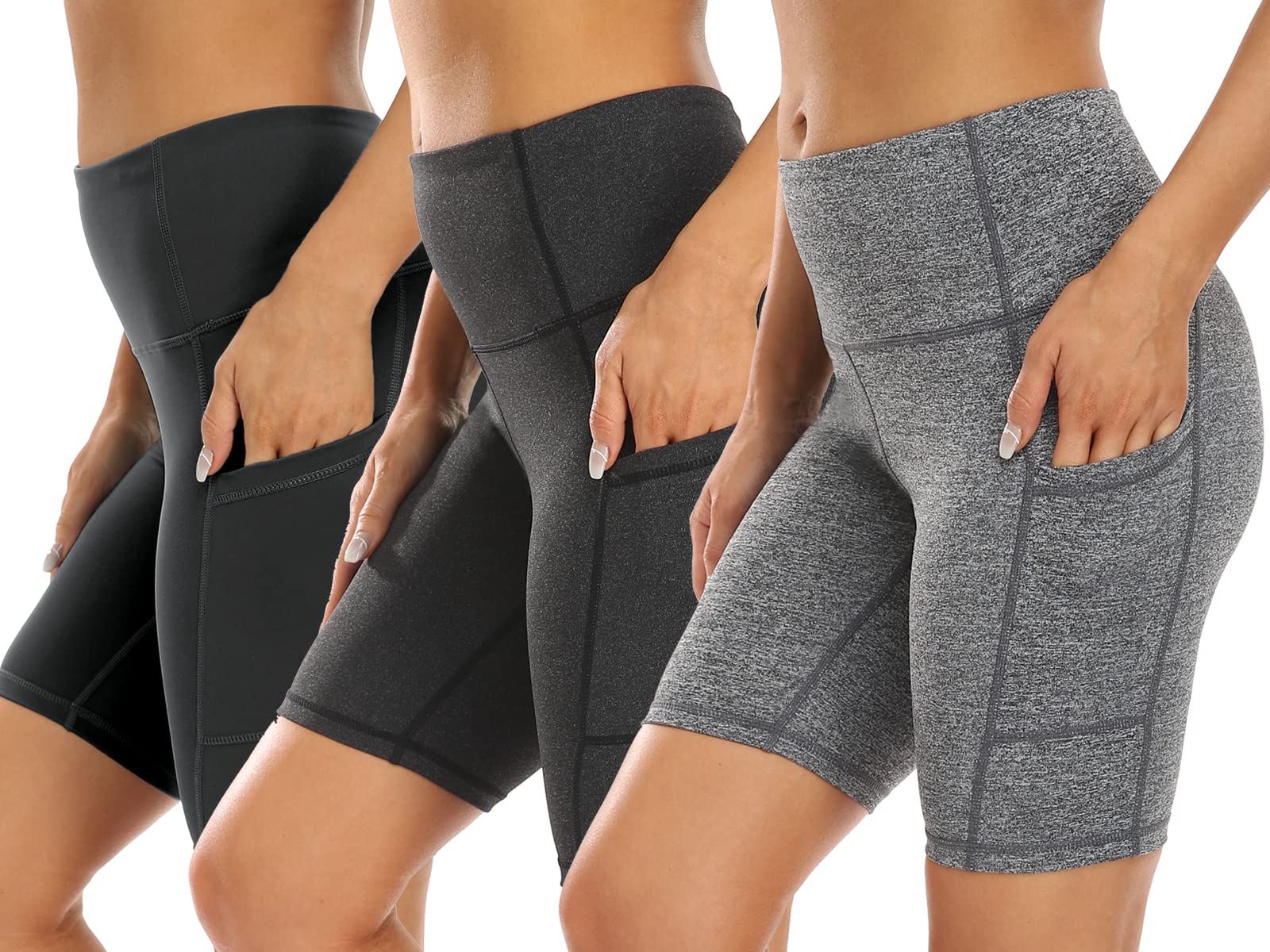 WANAYOU Women's 3 Pack High Waist Yoga Shorts Tummy Control Biker Shorts Workout Running Compression Shorts with Side Pockets 8" Exercise Spandex Shorts Size S - XL