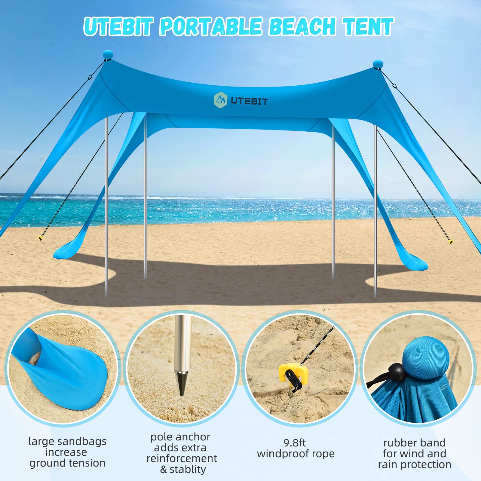 UTEBIT Beach Tent Pop Up Shade with Beach Mat, UPF50+ 10X10 FT Beach Tent Sun Shelter (4-8 Adults) with Sand Shovel, Ground Pegs and 4 Stability Poles, 4 Support Ropes, ect..
