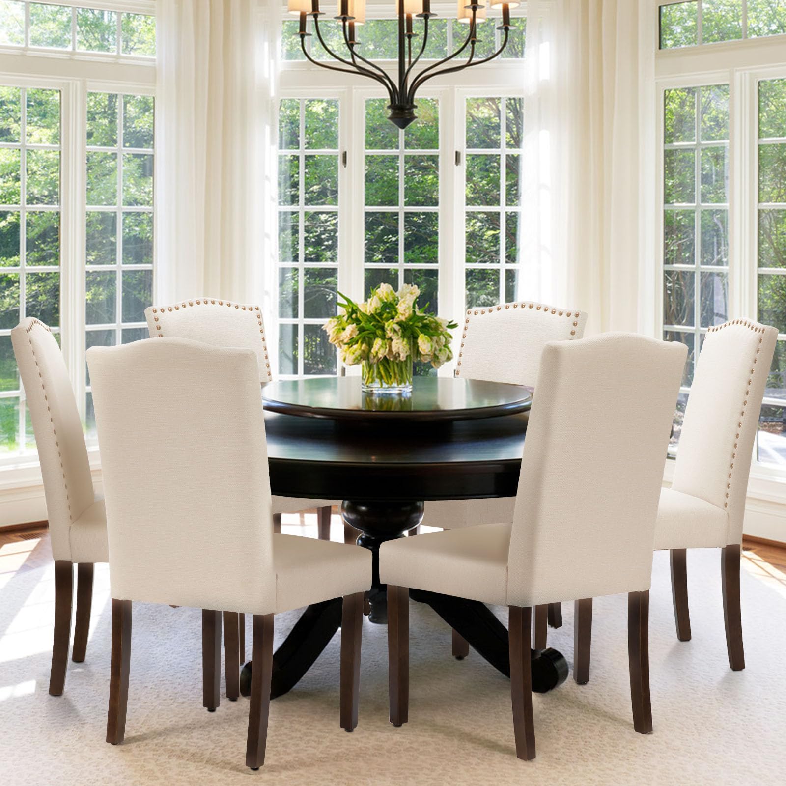 Sweetcrispy Dining Chairs Set of 2, Kitchen Chairs, Modern Upholstered Fabric Dining Room Chair with Nailhead Back and Wood Legs