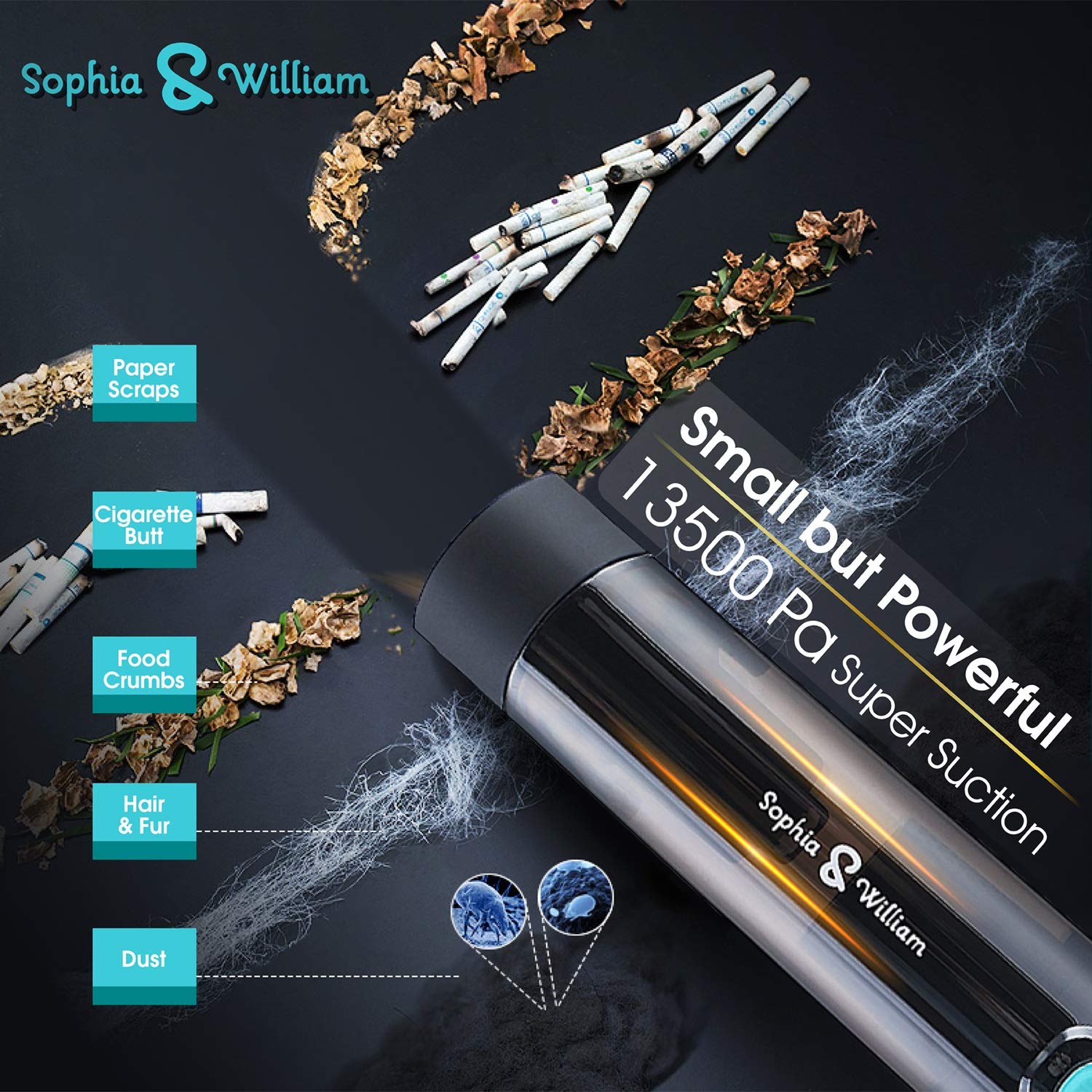 Sophia & William Cordless Handheld Vacuum Cleaner Rechargeable, Portable Small Handheld Vacuum Cleaner Lightweight with Powerful Suction and Charging Base
