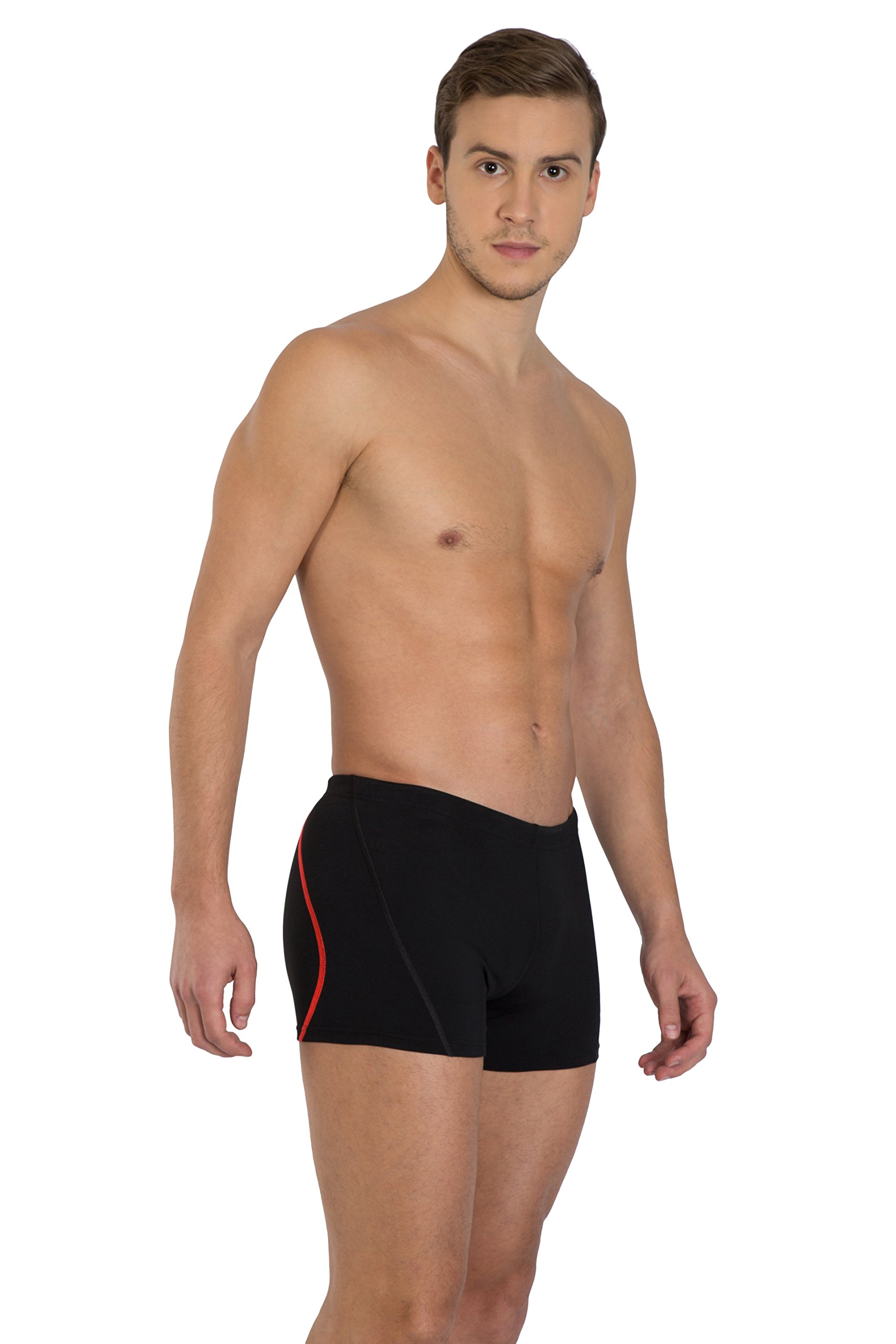 Speedo Men's Endurance+ Polyester Solid Square Leg Swimsuit for Men (Black/Lava Red, 34) by Yogi Sports