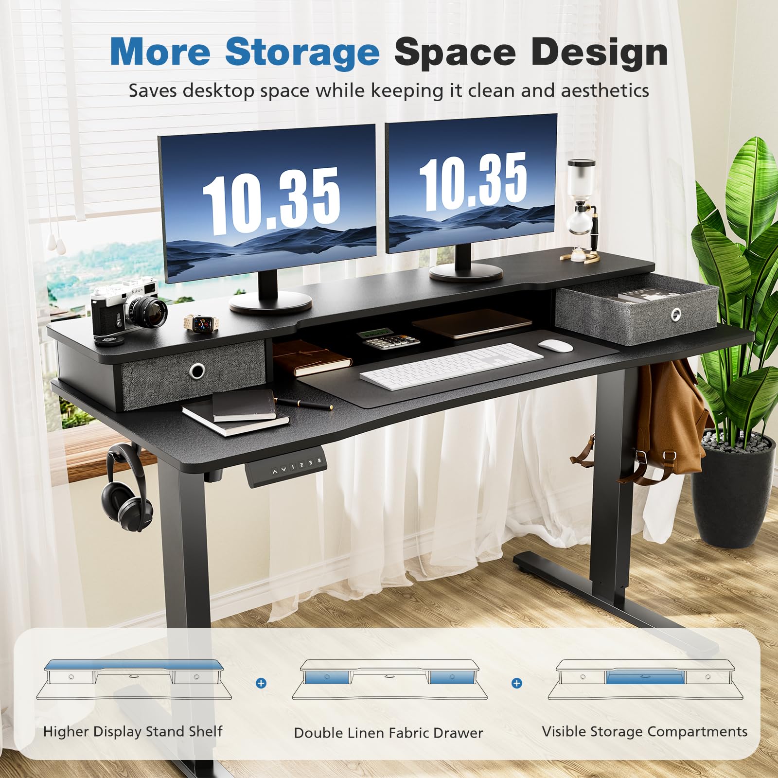 Sweetcrispy Electric Standing Desk with Double Drawer - 48 x 24 inch Adjustable Height Sit to Stand Up Desk with Storage Shelf, Rising Home Office Computer Table with Splice Board