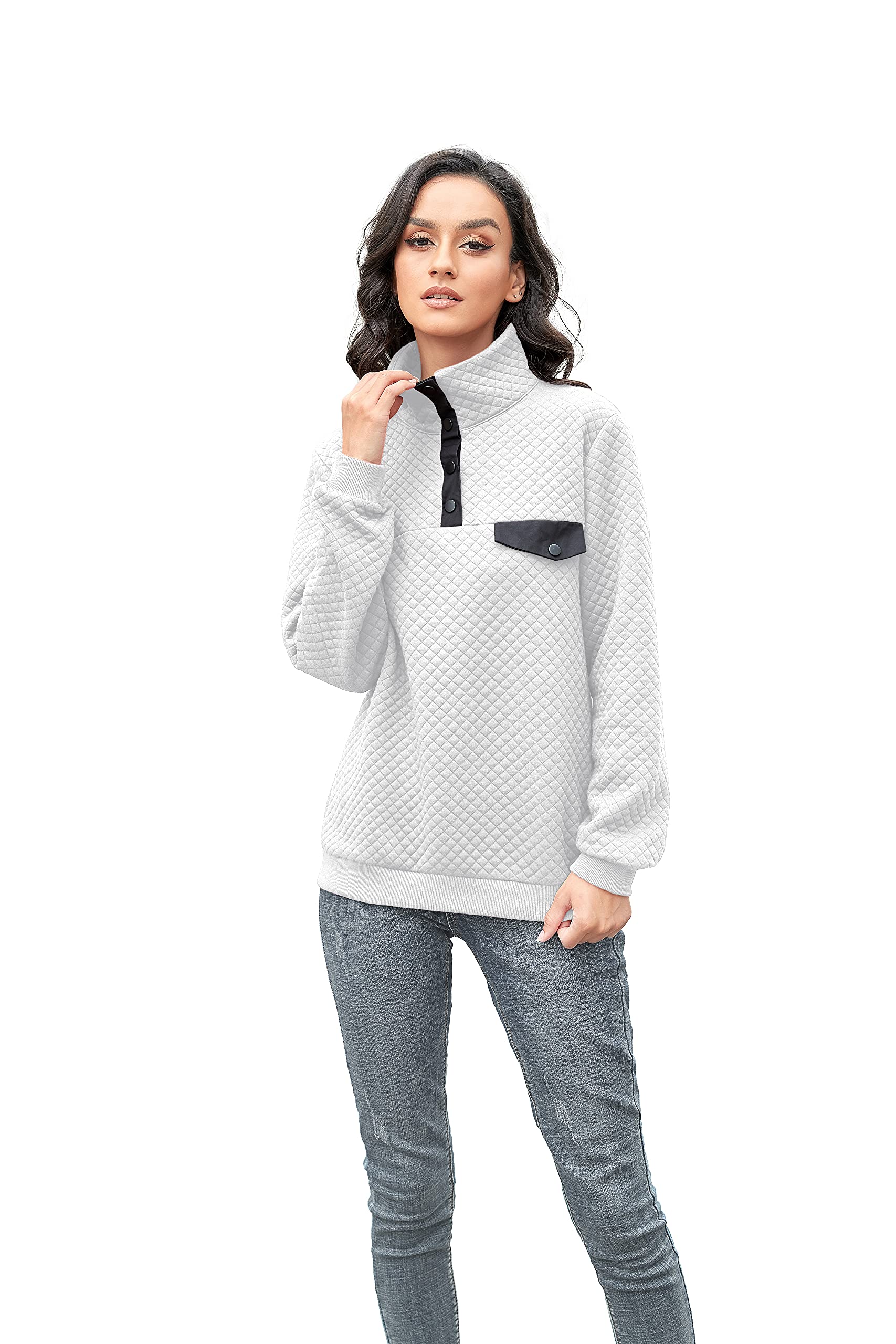 TASAMO Women Fashion Long Sleeve Plain Casual Ladies Sweatshirts Pullovers Button Down Shirts Tops (Large, White)