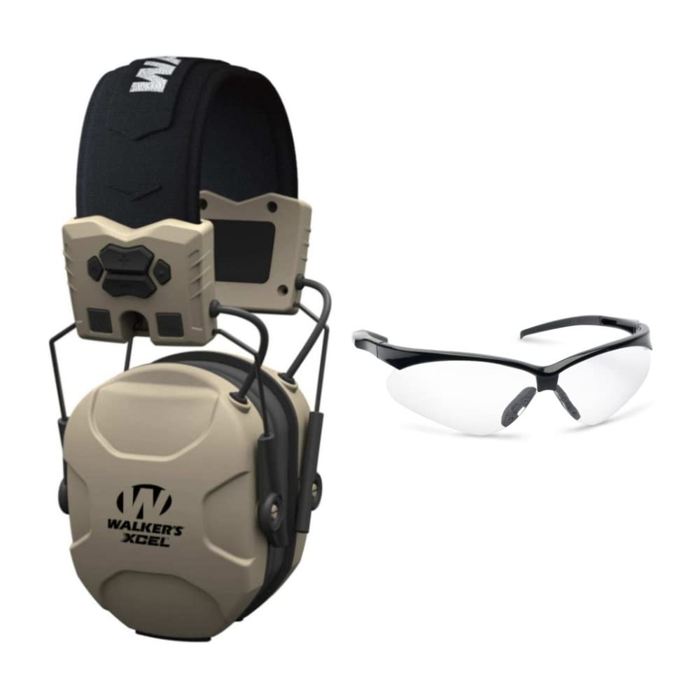 Walkers XCEL 100 Digital Electronic Hearing Protection Muff with Voice Clarity and Shooting Glasses Bundle