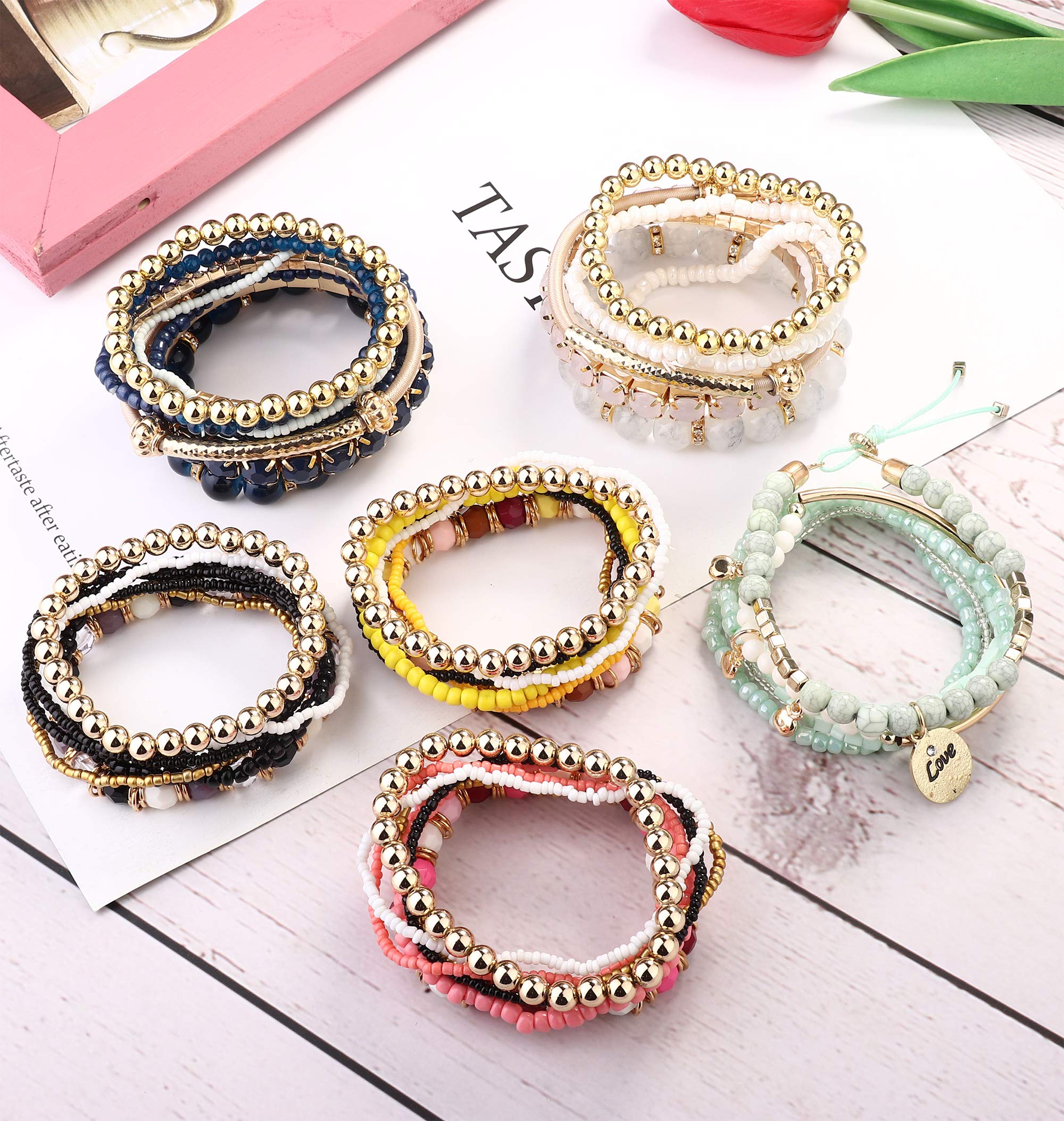 Subiceto 6 Set Bohemian Stackable Bead Bracelets for Women Multilayered Stretch Bangles Charm Pendant Bracelet Set