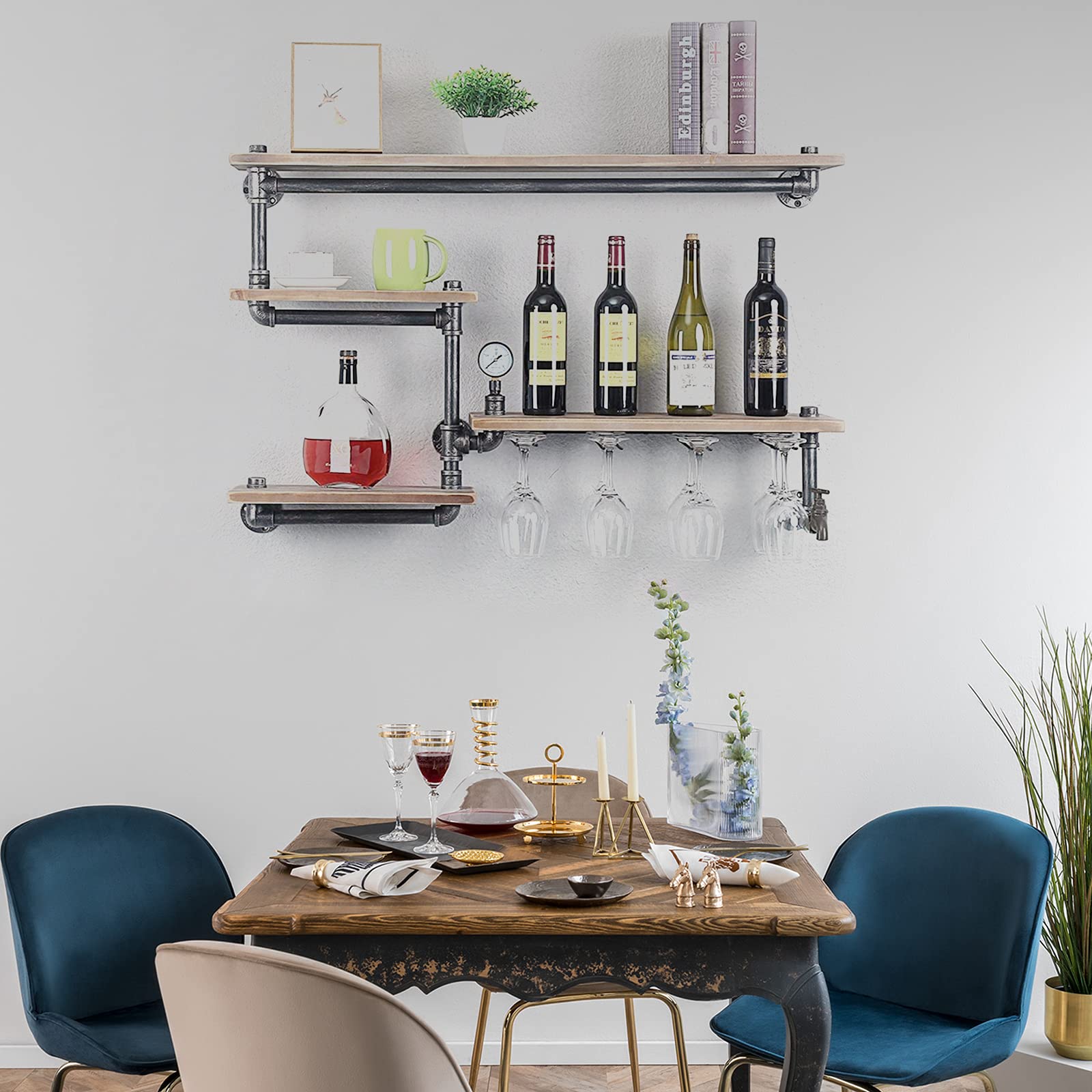 Wall Wine Rack with 4 Stem Glass Holder Wall-Mounted Wine Racks, 39.37" Industrial Pipe Shelf Wine Rack Metal Floating Bar Shelves, Farmhouse Wall Shelf Wine Holder for Kitchen Dining Room Bar