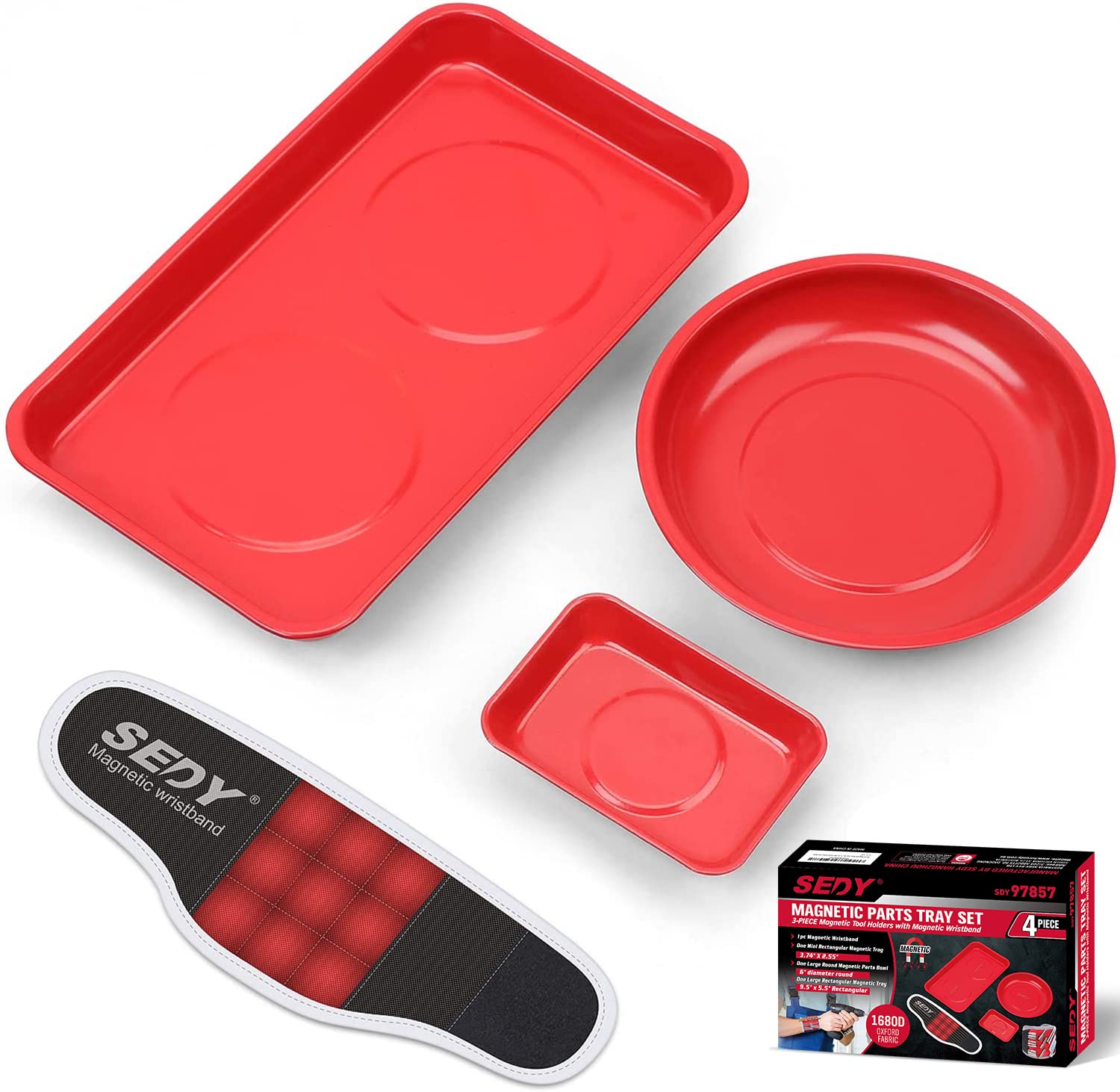SEDY 4-Piece Large Magnetic Parts Trays Set, Nut & Screw Tools Parts Tray Holder Tool Organizer Set, 9.5" x 5.5" rectangular / 6" diameter round / 3.74" x 2.55" mini