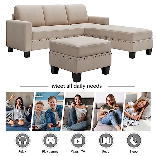 RUIZE Elegant Full Size Linen Upholstered Daybed Reversible Sectional Couch with Storage Ottoman L-Shaped Sofa, Sectional Sofa with Chaise
