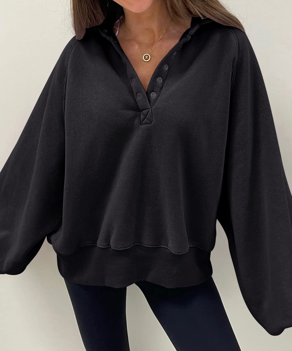 Trendy Queen Womens Sweatshirts Cropped Sweater Fashion Hoodies Oversized Jacket Fall Clothes 2023 Lantern Sleeve Drop Shoulder Pullover Button Fashion Y2K Outfits Black