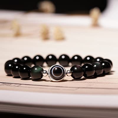 weweno Evil Eye Bracelet 10mm Crystal Bracelet Unisex Feng Shui Black Obsidian Wealth Bracelet (silver)