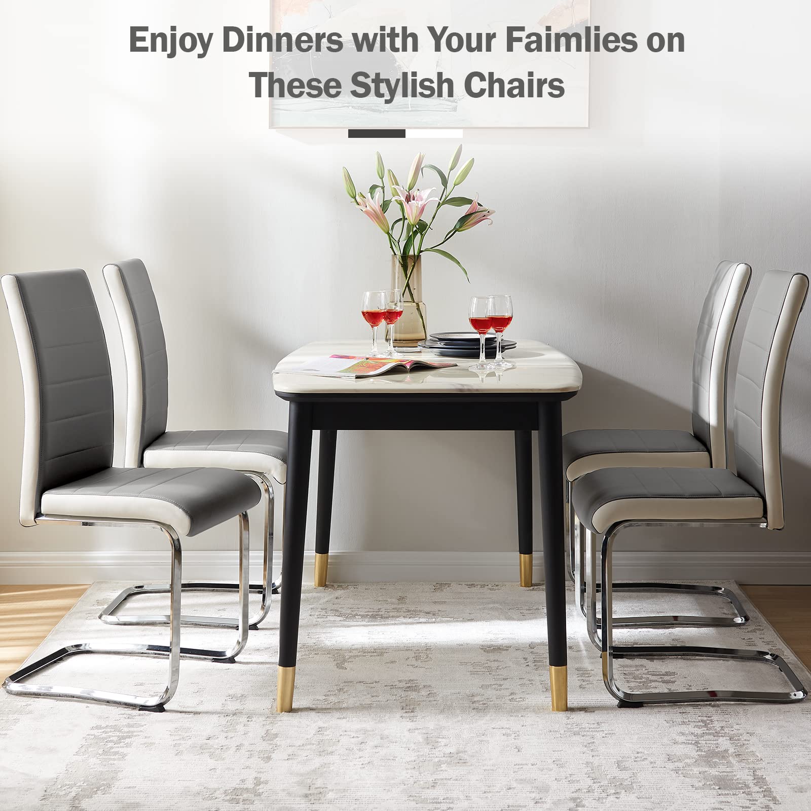SICOTAS Dining Chairs Set of 4 - Modern Kitchen Chairs Faux Leather, High Back Dining Room Chairs with Metal Base, Upholstered Dinner Chairs, 4 PCS Armless Side Chair for Dining Room and Kitchen, Grey
