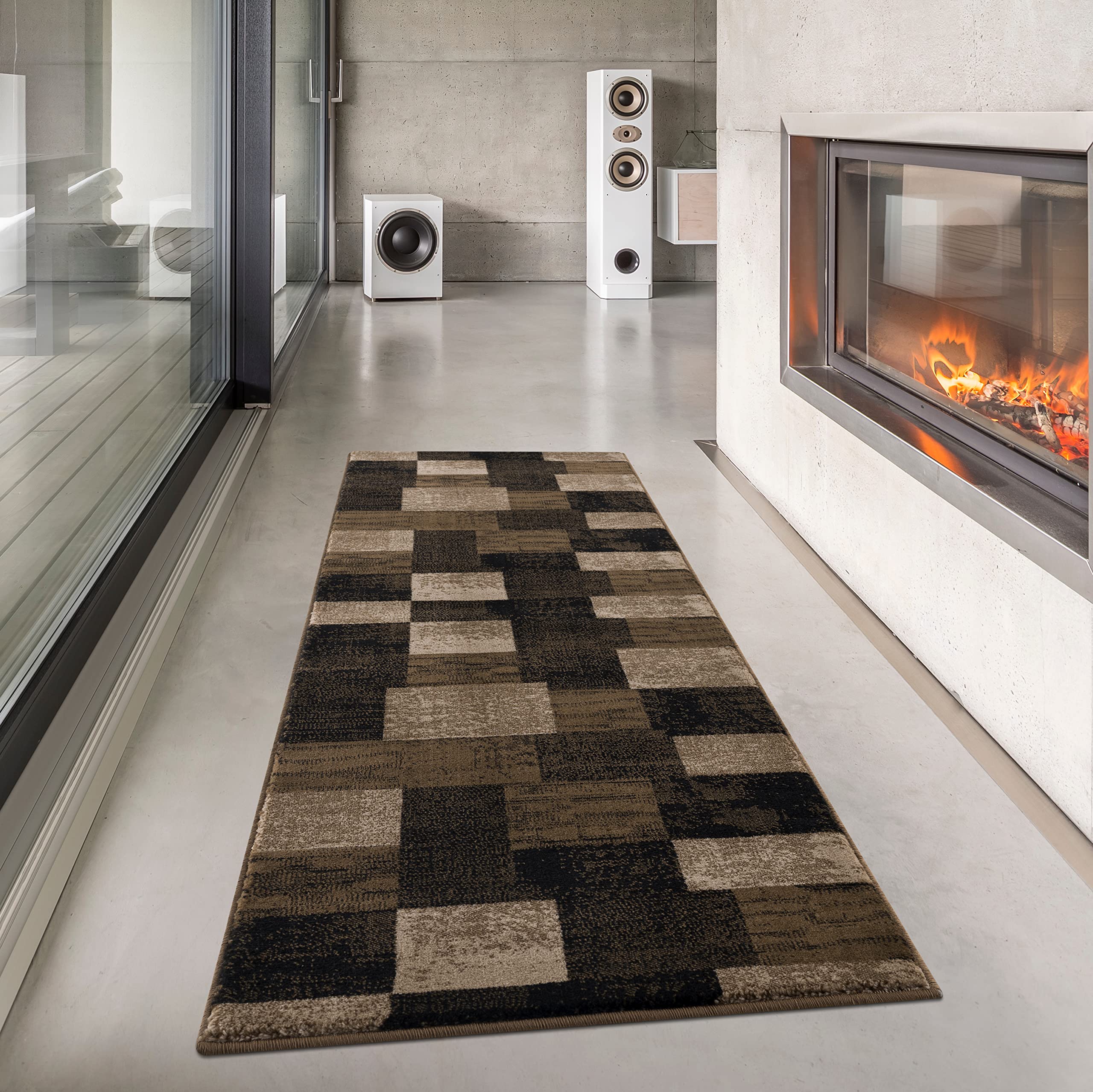 RUG BRANCH Montage Contemporary Geometric Checkered Brown Beige Indoor Runner Rug for Entryway, Hallway, Bathroom, and Kitchen - 2' x 6' (2'3" x 6')