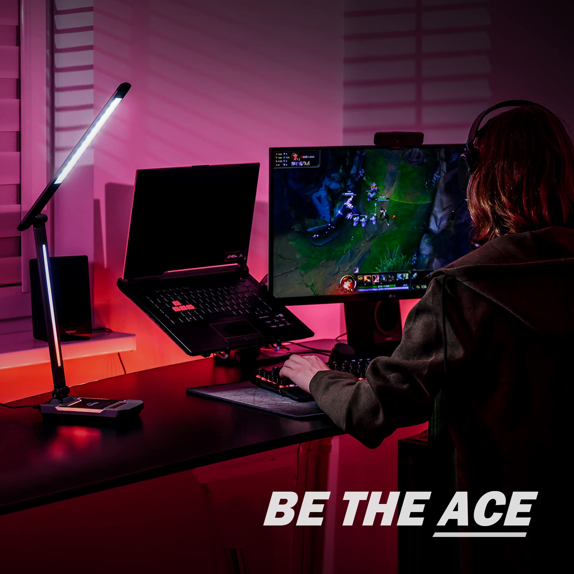 Yeslamp LED Desk Lamp with 10W Wireless and 24W USB-C Fast Charging, Ace RGB Dynamic, Natural Spectrum Desk Light,6 RGB Lighting Modes/Music Rhythm, Perfect for Gaming Setup, Live Video, Study, Home