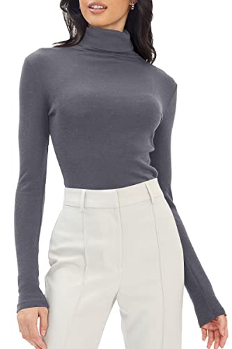 Trendy Queen Womens Long Sleeve Mock Turtleneck Fall Fashion Stretch Tight Lightweight Basic Slim Fit Layering Soft Business Casual High Neck Thermal Underwear Shirts Grey