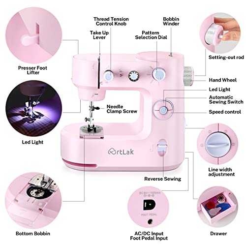 Sewing Machines for Beginner, ArtLak Portable Sewing Machine Mini with 16 Built-in Stitches and Reverse Sewing, Multi-function Mending Machine Small with Accessory Kit Pedal for Valentines Day Gifts