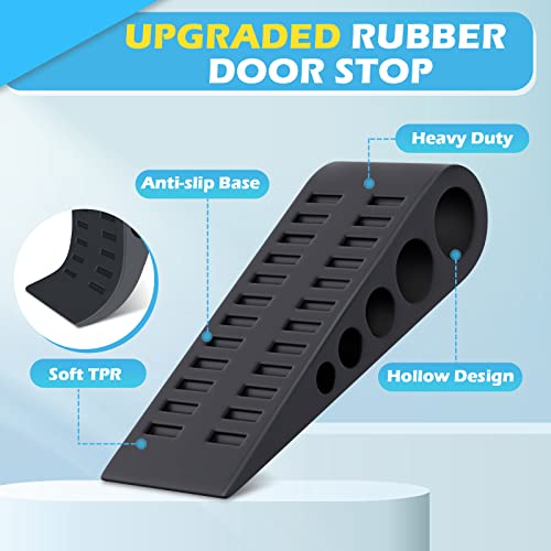 Rubber Door Stoppers for Bottom of Door - Door Stop Wedge with Holder for Home Office Stackable on Multi Floor Carpet Concrete Tile Linoleum & Wood Heavy Duty Doorstop No Sliding Drilling Black