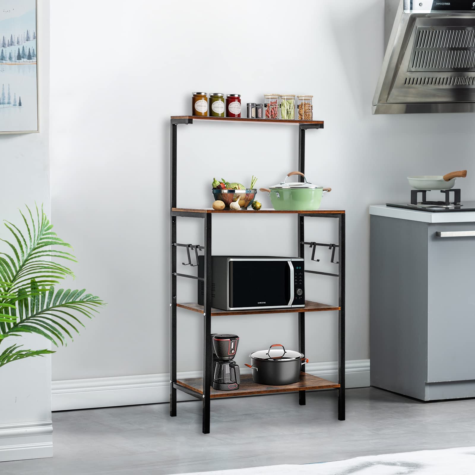 Sasoiky Bakers Rack,4-Tier Kitchen Storage Shelf Rack,Microwave Cart Coffee Bar Stand Rack with 4 Hooks,Bakers Racks for Kitchens with Storage(Light Brown)