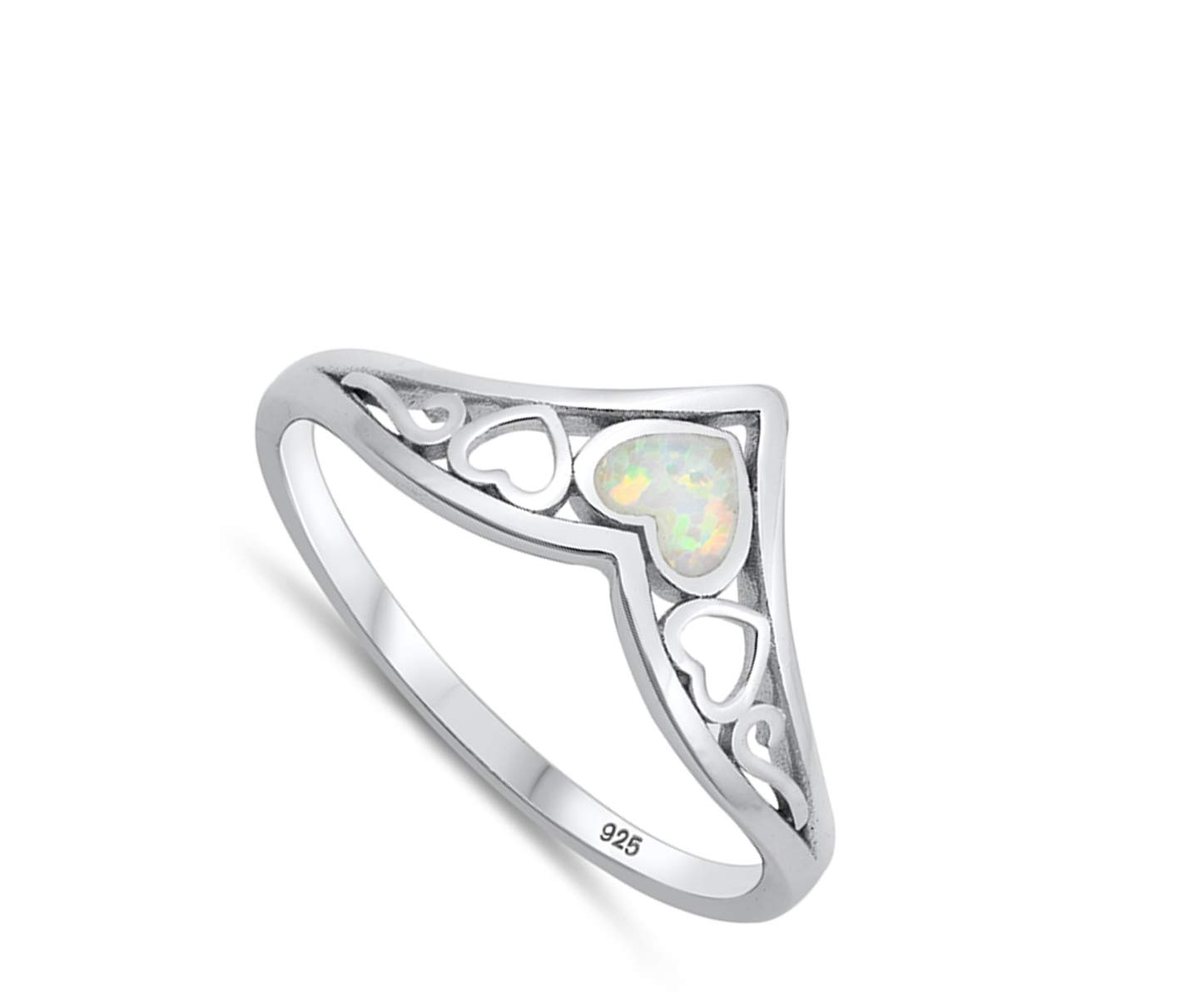 White Simulated Opal Cutout V Shape Statement Ring 925 Sterling Silver Band Size 10