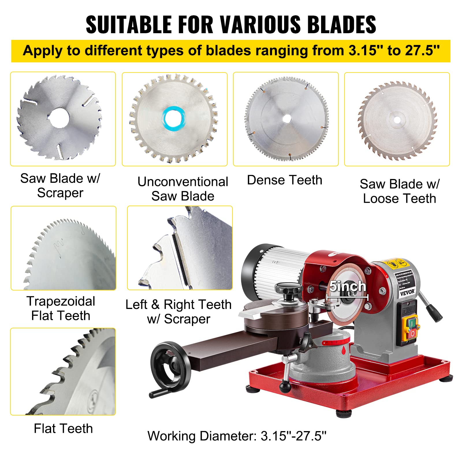VEVOR Round Circular Saw Blade Grinder Machine 110V 370W Rotary Angle Mill Sharpener 125mm Electric Saw Blade Sharpener Machine for Sharpening Carbide Tipped Saw Blades (W/Water Tank)