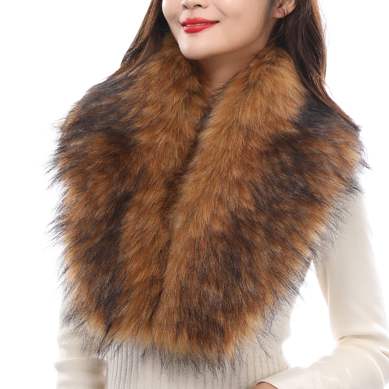 Valpeak Real Fur Collar Women's Fur Shawl Wrap for Party Winter Scarf Neck Warmer for Coat(bROWN)