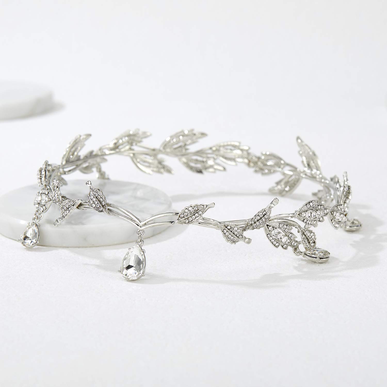 SWEETV Rhinestone Leaf Wedding Tiara Headband for Brides, Silver Crown Headband for Pageants Wedding Prom Birthday