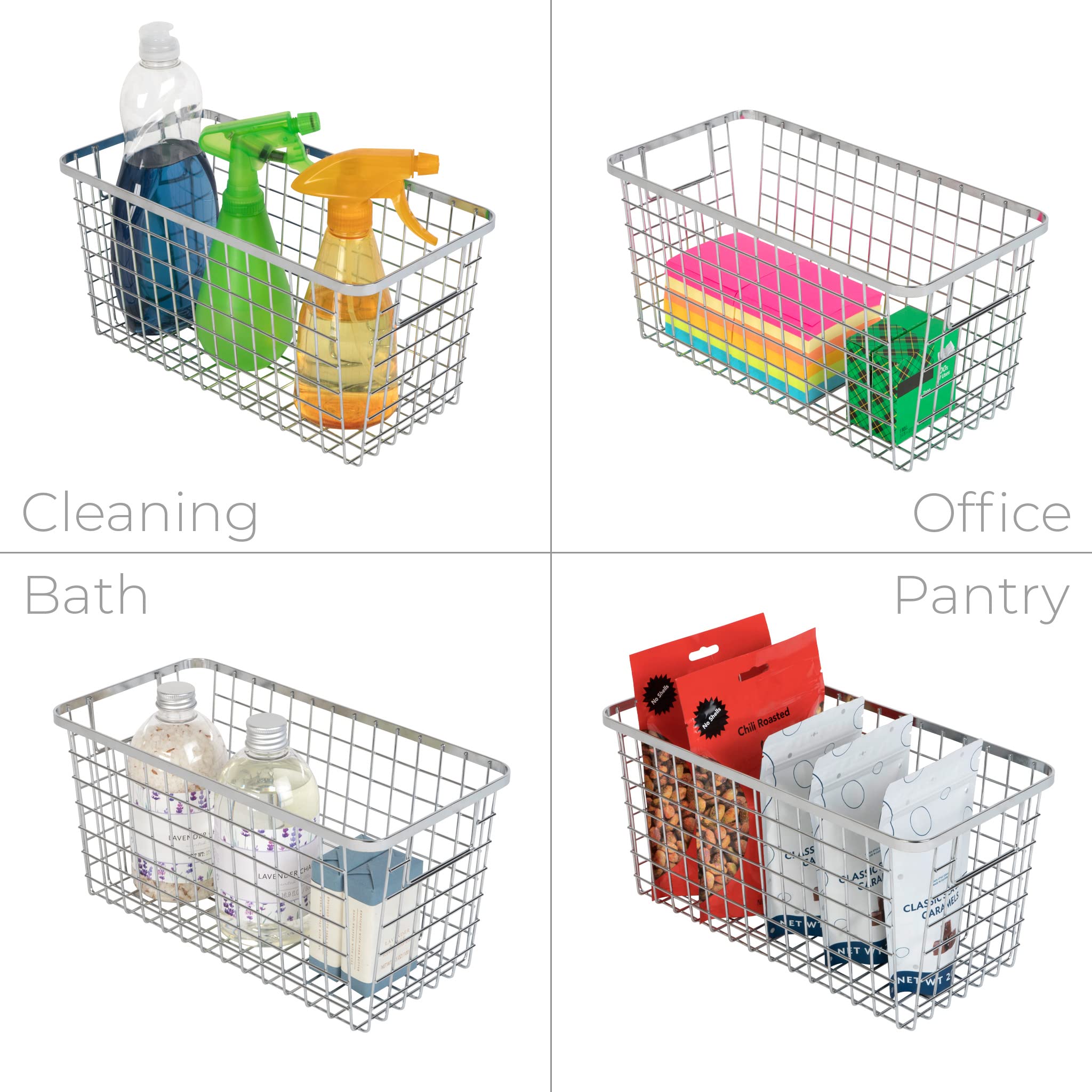 Smart Design Nestable Basket Organizer with Handles - Storage Bins for Kitchen, Pantry, Laundry, Bathroom, and Garage - Steel - 6 x 12 x 6 - Chrome - Set of 4