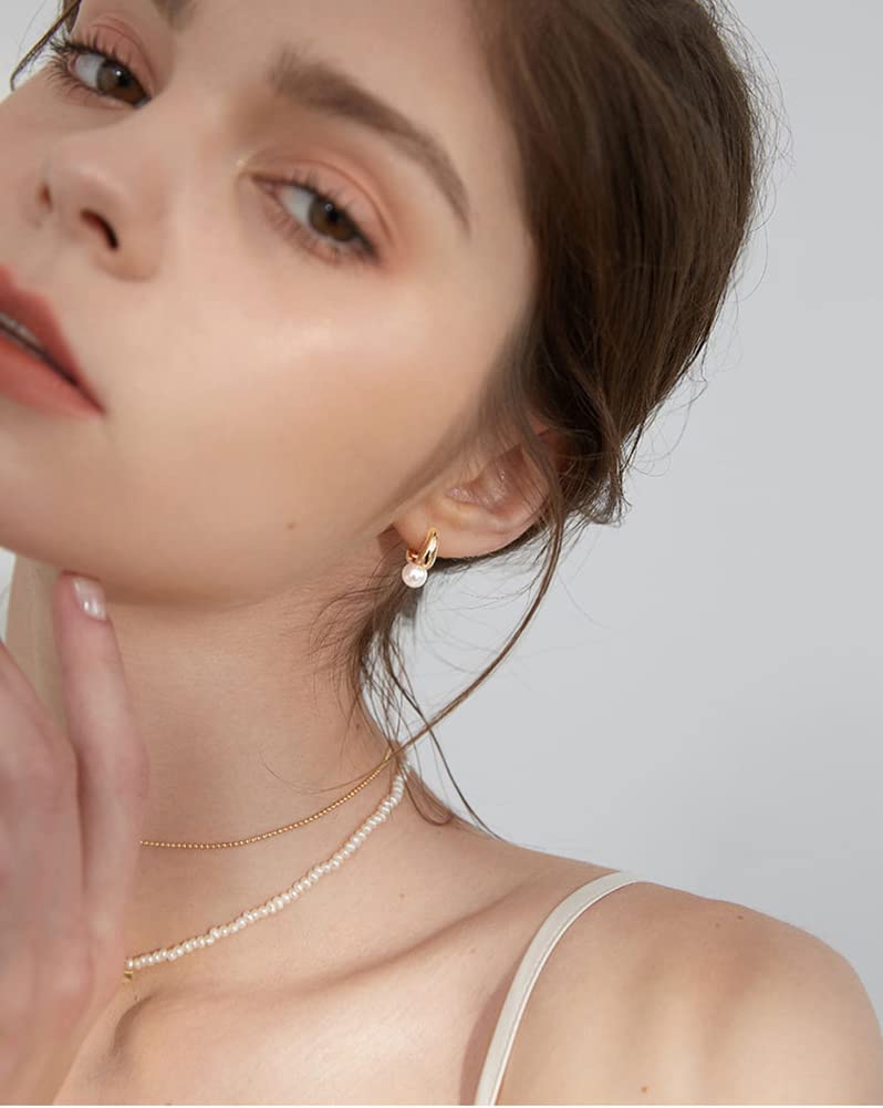 White Pearl Drop Earrings Sterling Silver Small Hoop Earrings with Pearl Huggie Hoops Earrings Studs for Women Golden Dainty Jewelry Gift