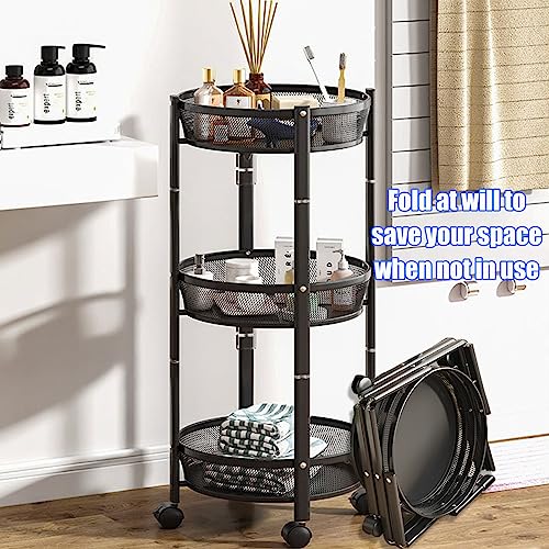 YGYQZ No-Assembly Fruit Vegetable Kithen Cart, 3-Tier Rolling Movable Basket Utility Storage Cart with Caster Wheels for Office Kitchen, Bathroom (Black Utility cart)