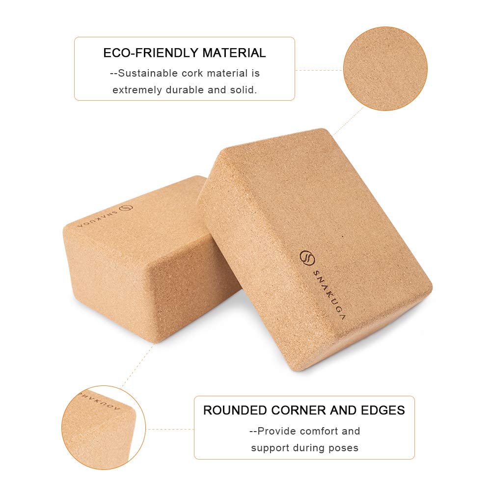 SNAKUGA Cork Yoga Block 2 Pack for Pilates, 9"x6"x3" Non-Slip & High Density Blocks for Meditation, Fitness and Stretching, Supportive and Flexibility Brick for Improve Poses Balance