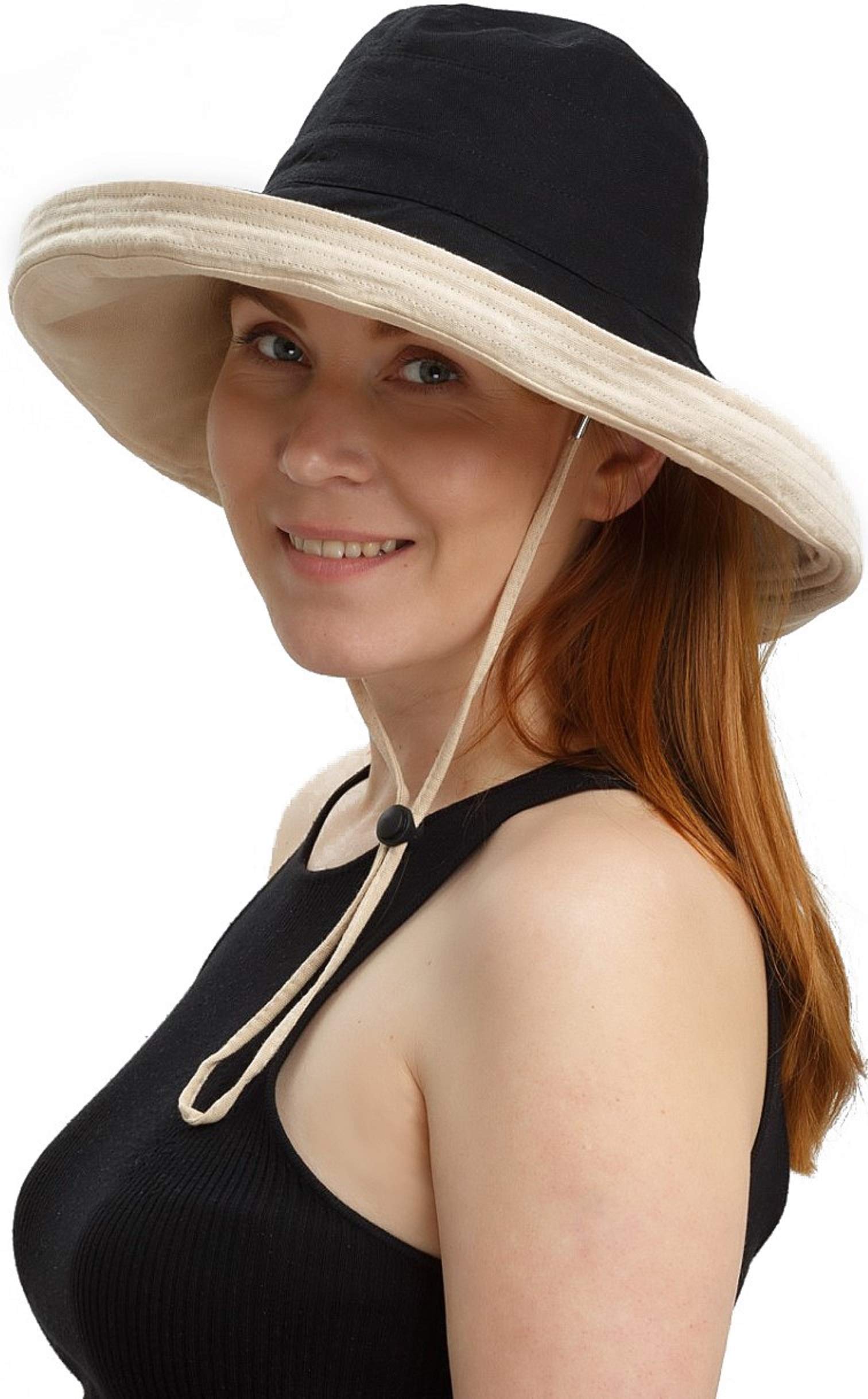 Sun Hats Women Bucket Floppy Cotton Hat Wide Brim Summer Beach Caps Packable UV UPF 50+ (Black)