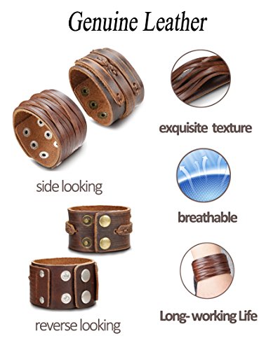 THUNARAZ 2PCS Leather Cuff Bracelet Wrap Wristband Button Bangle for Men Women Adjustable Wide Brown Belt Punk Bracelet