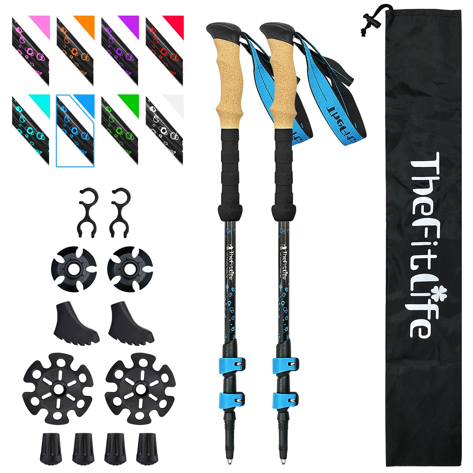 TheFitLife Carbon Fiber Trekking Poles ā Collapsible and Telescopic Walking Sticks with Natural Cork Handle and Extended EVA Grips, Lightweight Nordic Hiking Poles for Backpacking Camping (Blue)