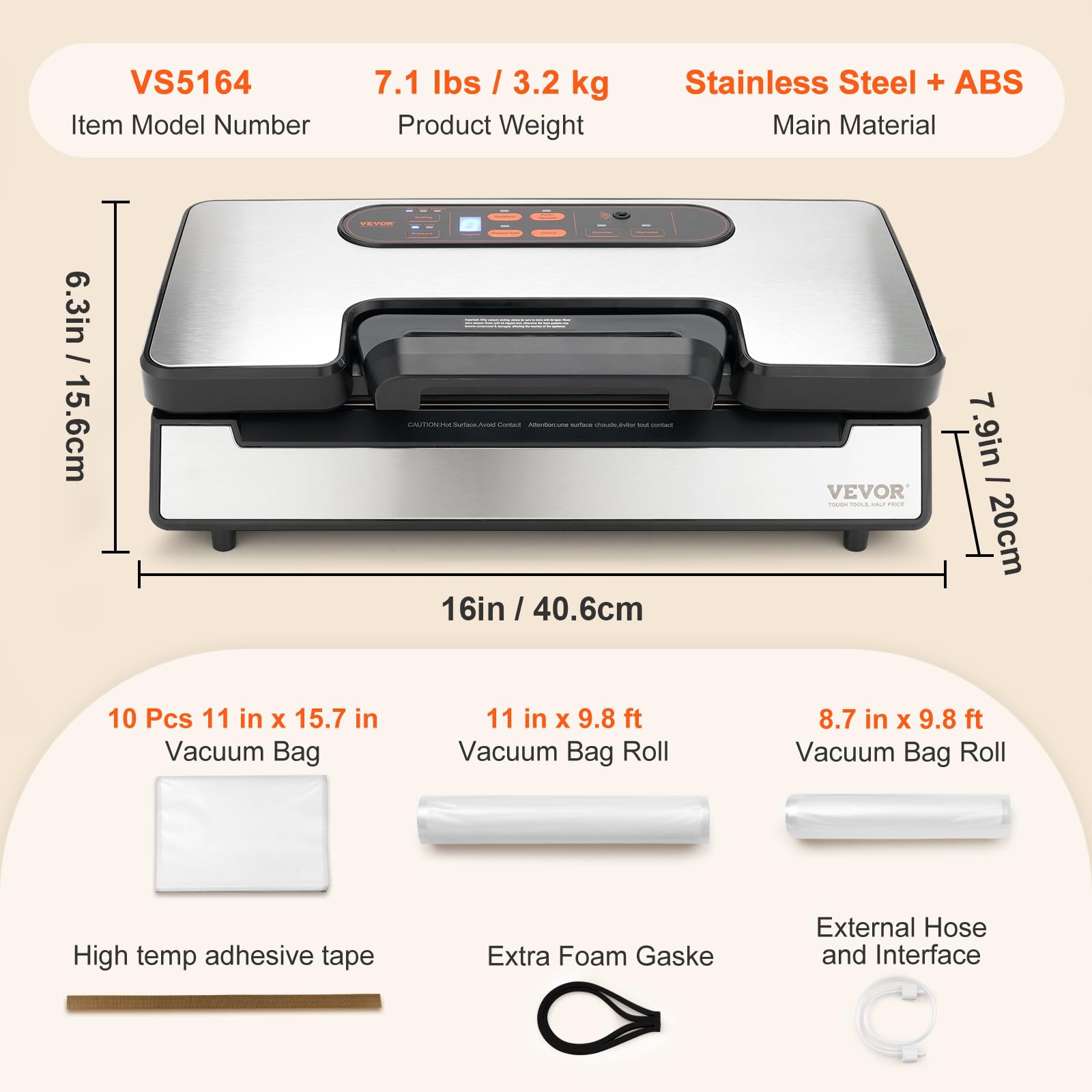 VEVOR Vacuum Sealer Machine, Food Sealer Machine,Dry and Moist Food Storage, Automatic and Manual Air Sealing System with Built-in Cutter, with Seal Bag, External Hose 90Kpa 130W Powerful Dual Pump