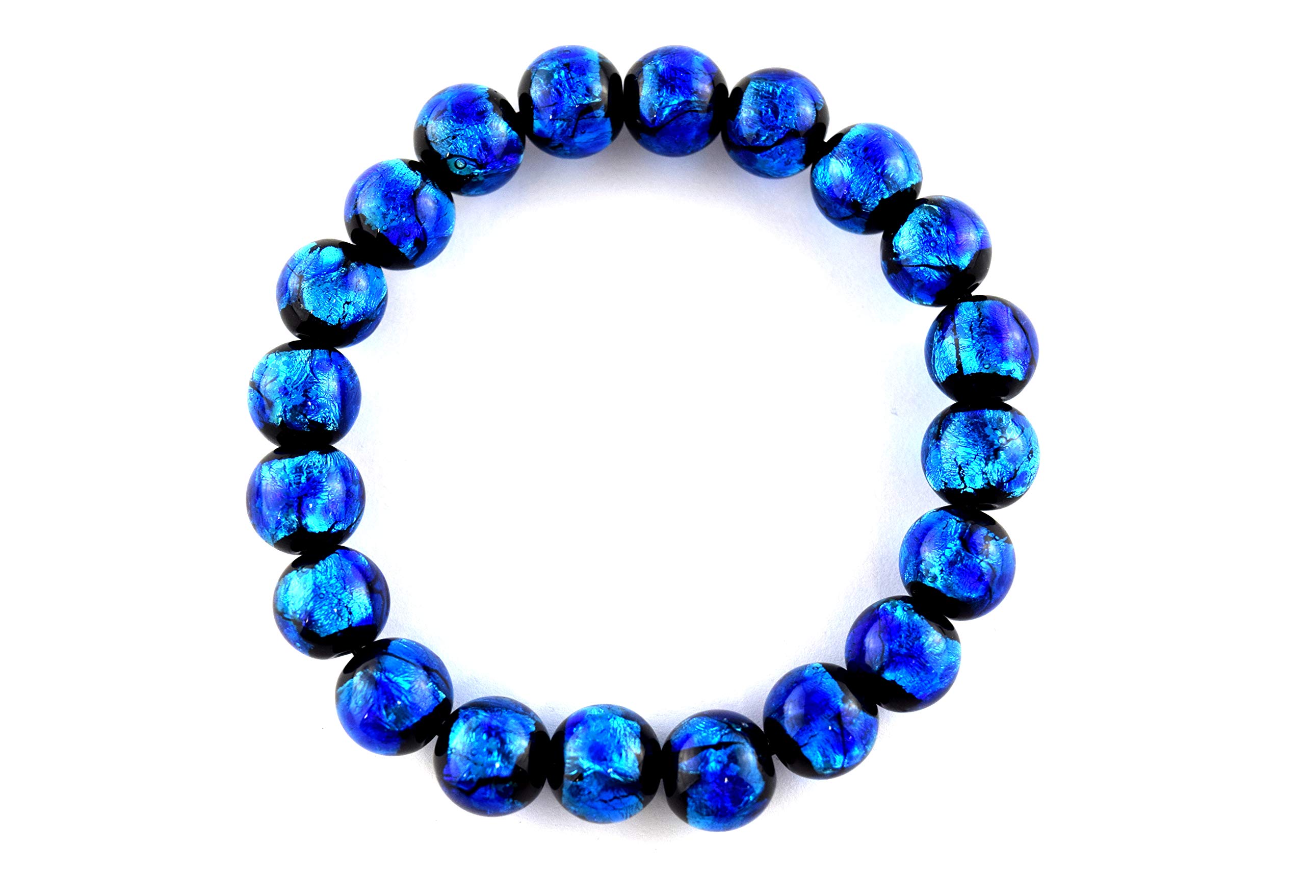 äŗ¬é½ććć²å± Black Onyx & Pink Blue Ryukyu Fluorite Glass Bracelet Gemstone Elastic Stretch Bracelet Japan Juzu Buddhist Prayer beads Gifts (All blue luminescence)