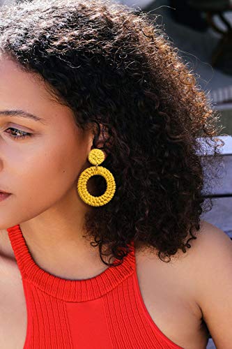 Woven Rattan Earrings Boho Colored Straw Wicker Braid Drop Dangle Earrings Handmade Round Circle Hoop Earrings Statement Stud Earrings For Women