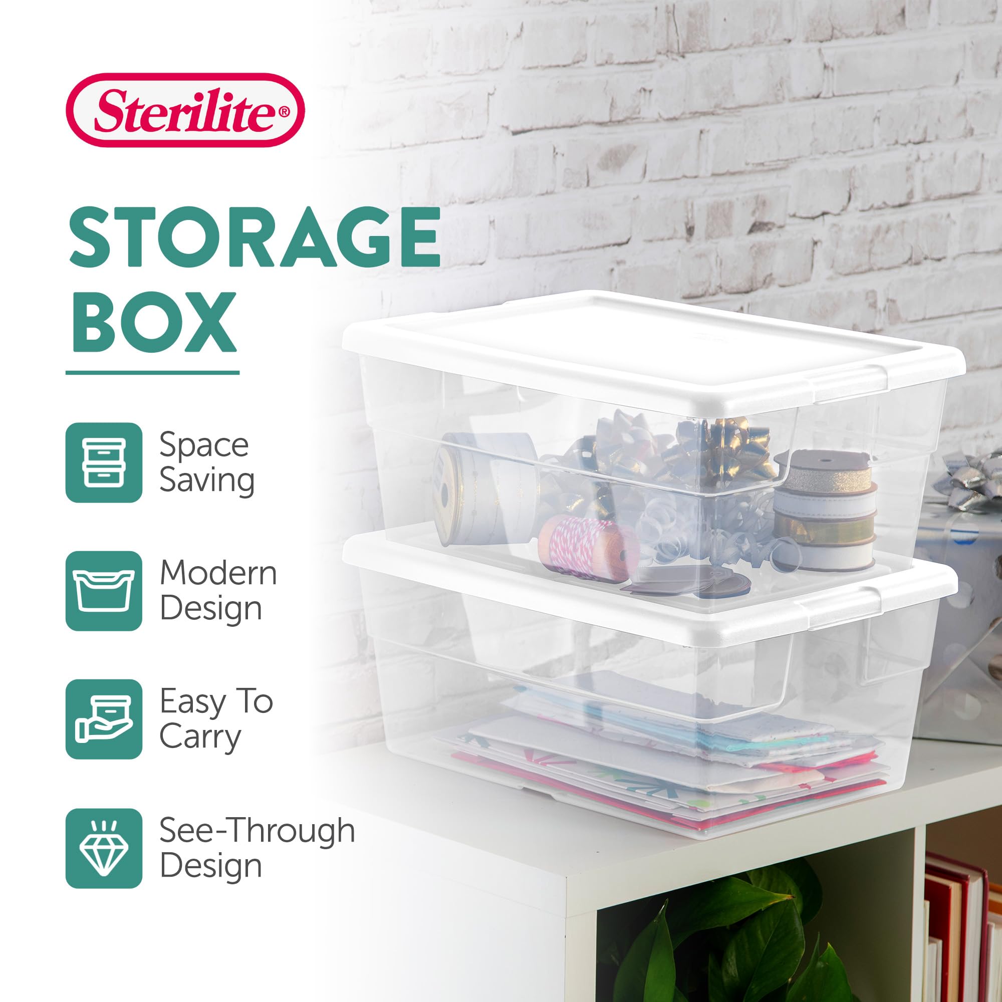 Sterilite 16 Quart Storage Box, Stackable Bin with Lid, Organize Shoes, Crafts in Home Closet, Office, School, Clear with White Lid, 48-pack