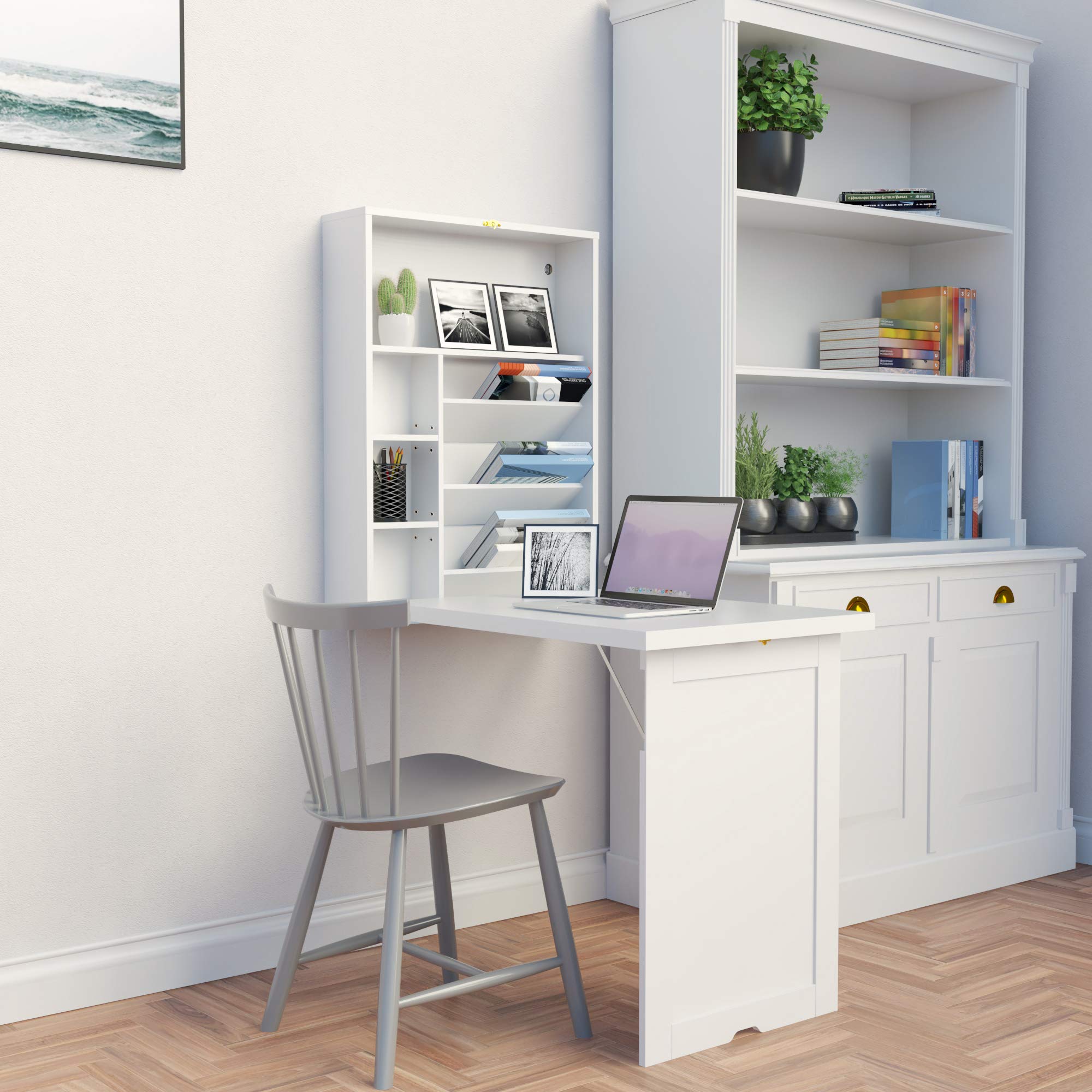 Sandinrayli Modern Compact Wood Wall Mounted Folding Desk Cabinet Convertible Writing Desk for Home Office with Storage, Laptop Tabletop, White (White)
