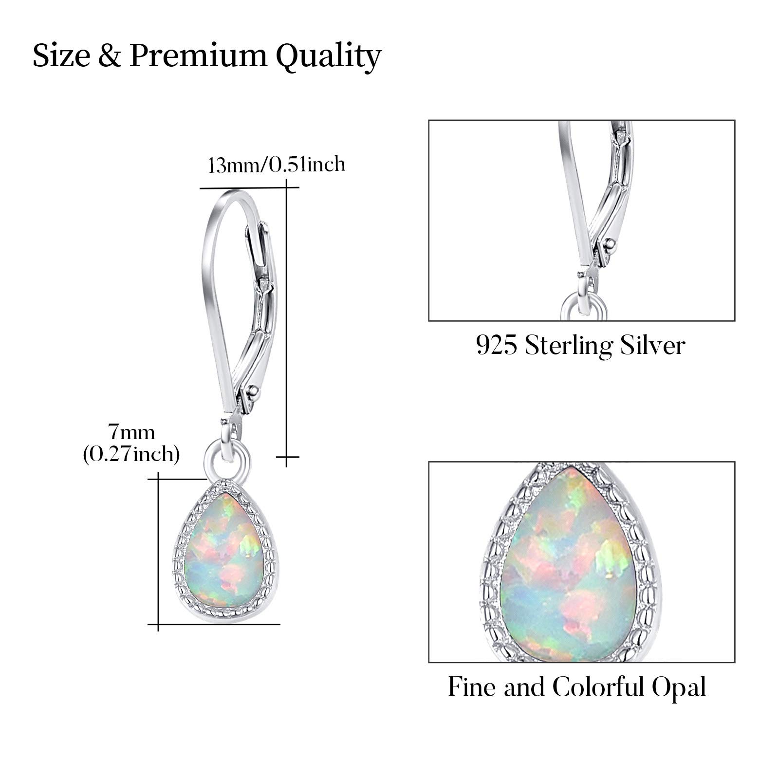 Teardrop Leverback Drop Dangly Safety Earrings, 925 Sterling Silver Opal Jewelry Valentine Gift for Women Girlfriend Daughter with Gift Box