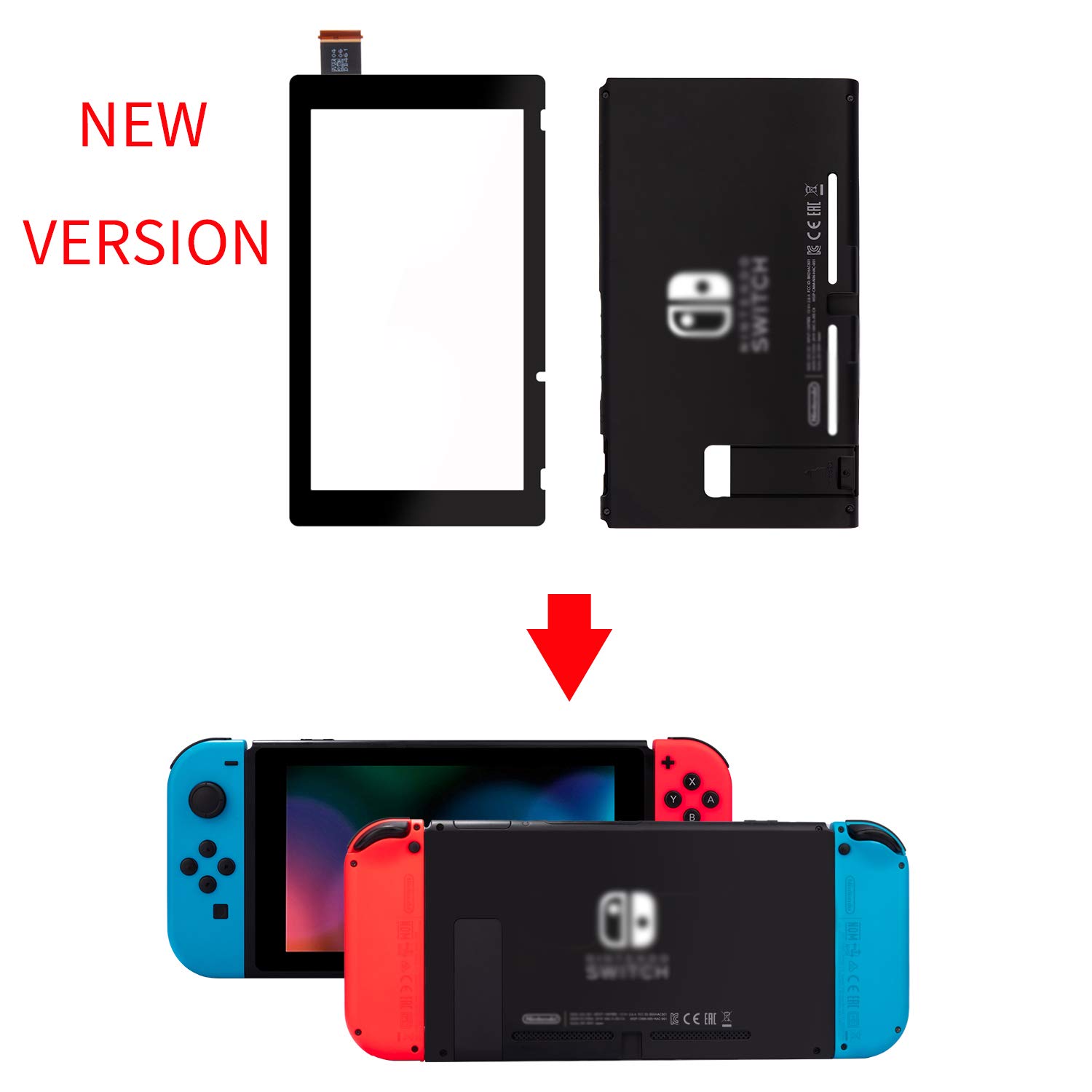 Touch Screen Digitizer Glass Panel Replacement Parts for N-Switch, with Back Cover Replacement Housing Shell Case Back Parts for NS Switch(Remove The Protective Film of 2 Sides Before Installation)