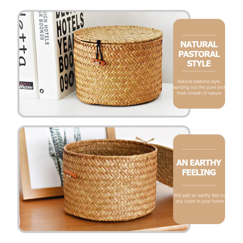 STOBAZA Wicker Storage Basket Round Storage Basket Desktop Sundries Organizer Lidded Basket Bin Gifts Basket Snacks Candy Container Toilet Paper Roll Box for Home Office Bedroom Centerpiece Tray