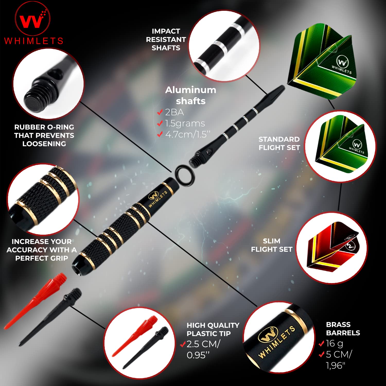 Whimlets Soft Tip Darts for Electronic Dart Board – Professional Plastic Tip Darts Set with 100 Extra Tips, Flights, Aluminum Shafts with O'Rings, Dart Tool, Stylish Case, Great Gift for Players