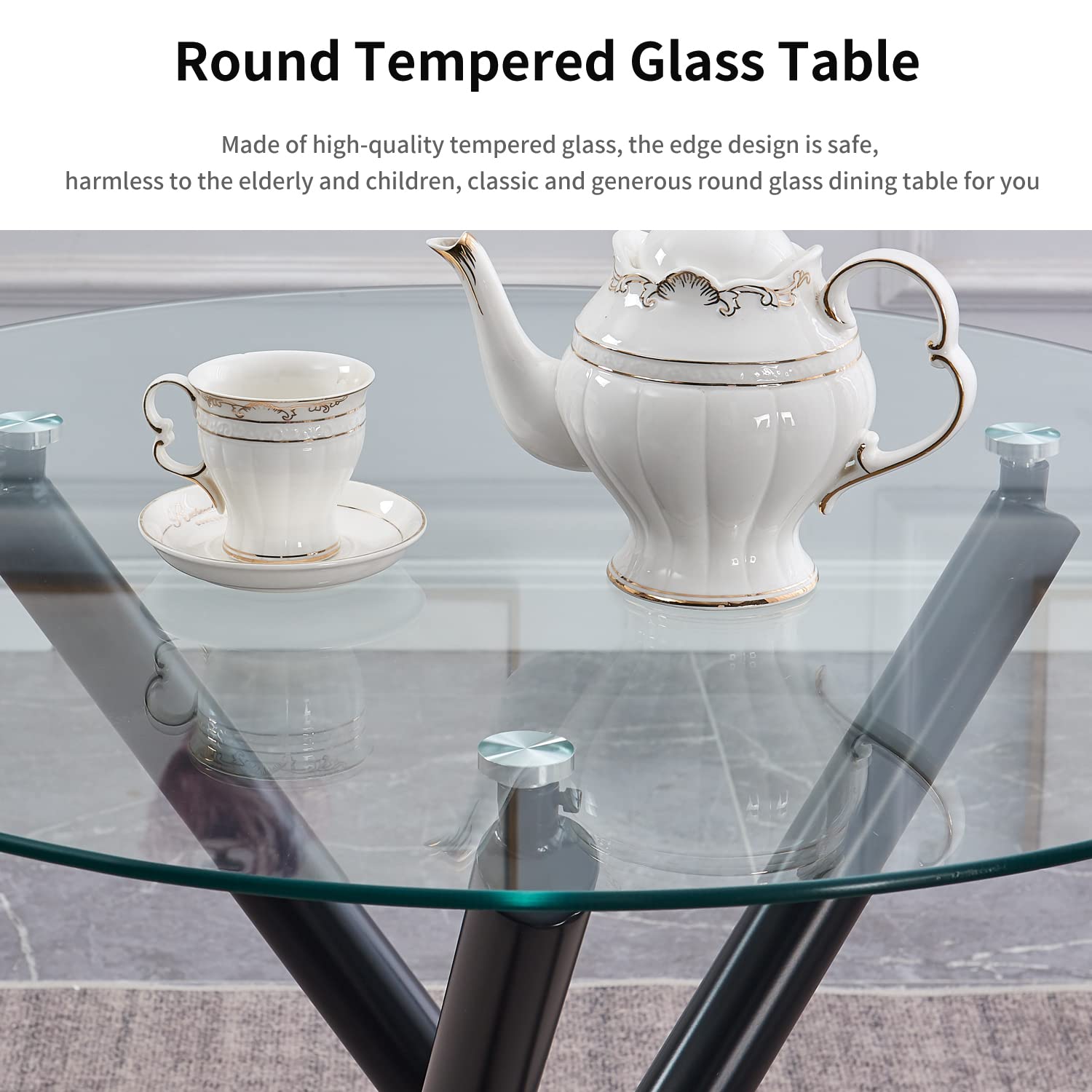 ROZHOME Dining Table Set for 4, 35" Round Glass Table and Faux Leather Metal Chair for Home Office, Kitchen, Dining Room, Apartment, Space Saving (Matte Black+black, Table & 4 Chairs)
