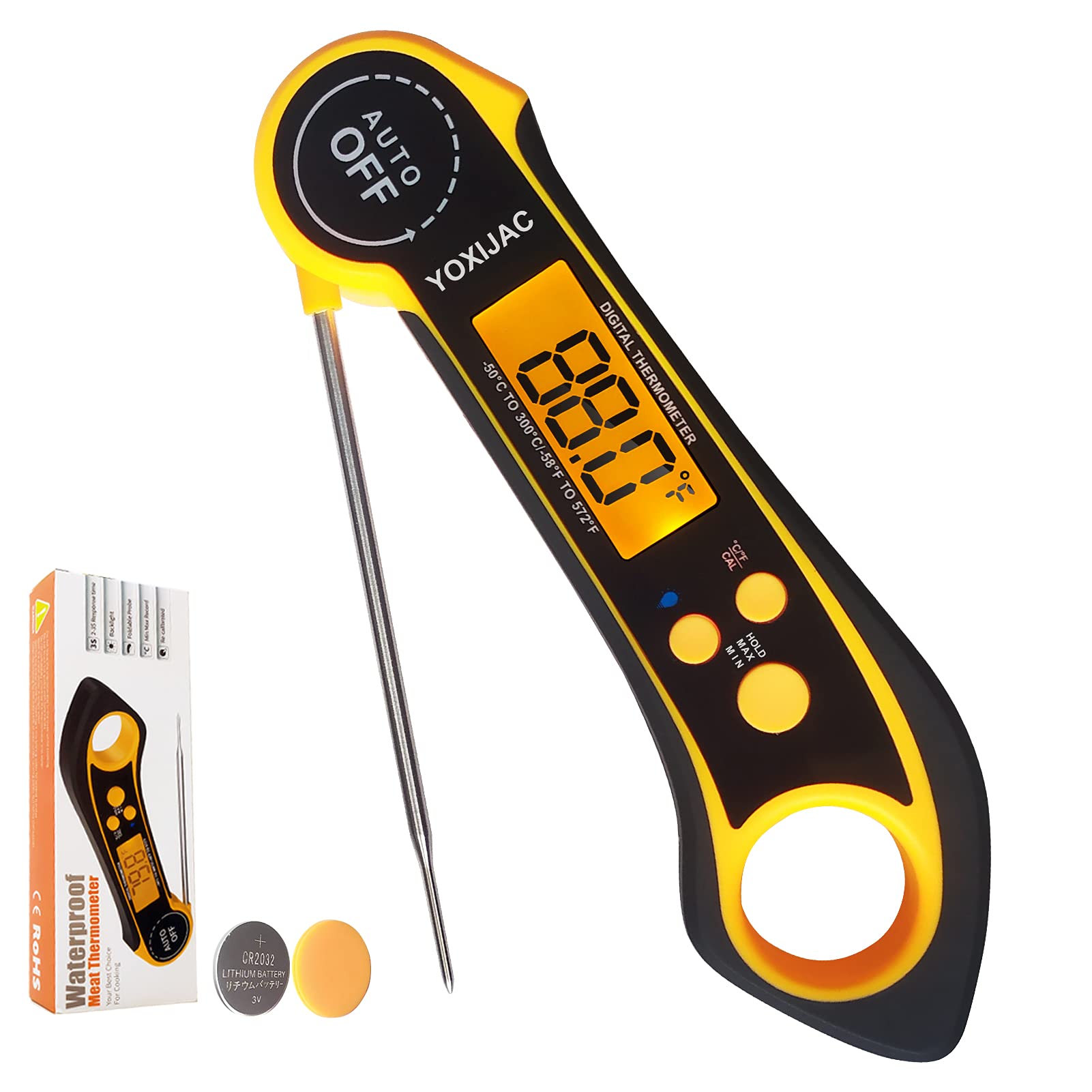 YOXIJAC Instant Read Meat Thermometers for Cooking Waterproof Digital Food Thermometer for Grill BBQ Candy Thermometer with Backlight, Magnet, Calibration, and Long Foldable Probe Thermometer