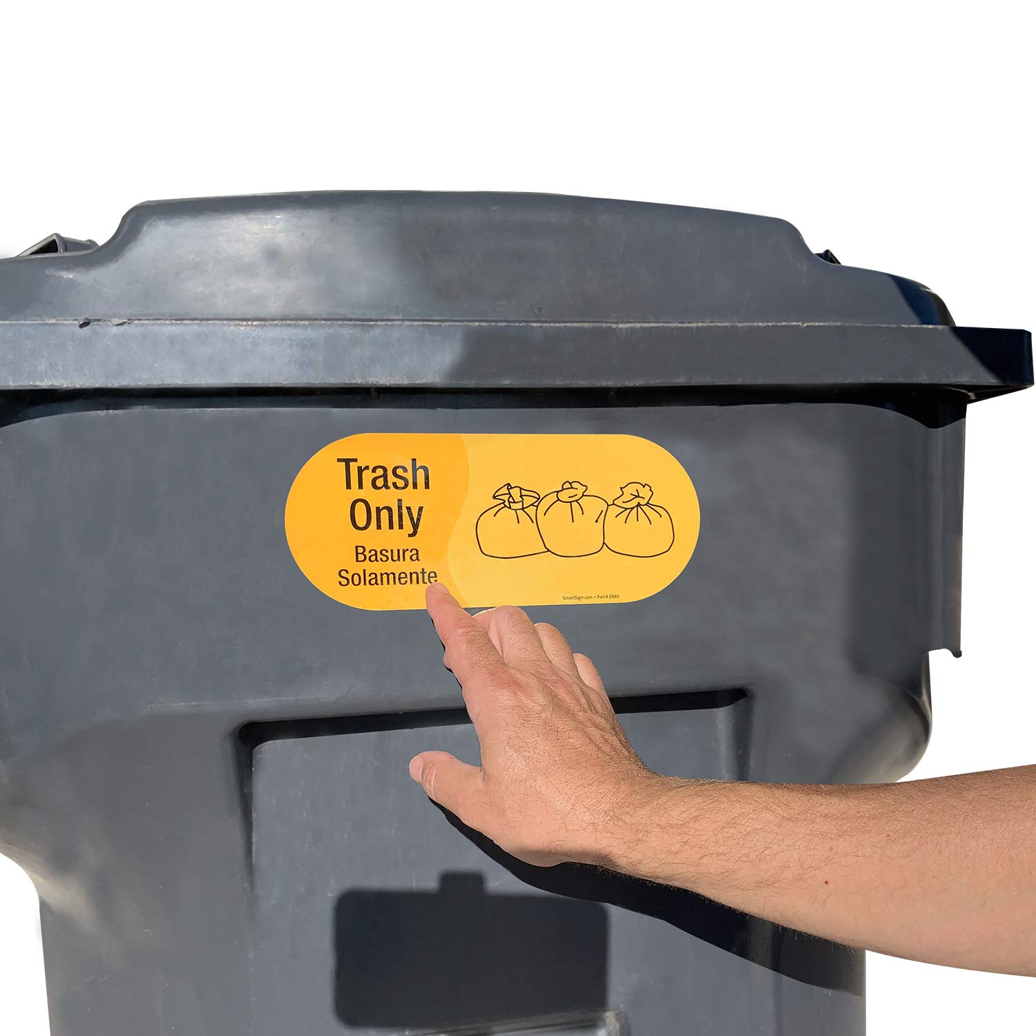 SmartSign (Pack of 4) 3.75 x 9 inch “Trash Only - Basura Solamente” Bilingual Sticker Labels with Symbol, 5 mil Laminated Polyester with SuperStick Adhesive, Yellow and Black