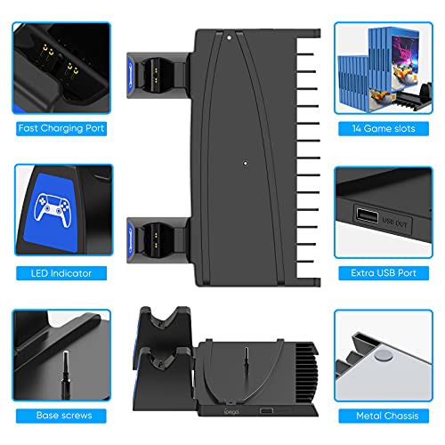 YUANHOT Vertical Stand and 2-in-1 Cooling Fan Accessories Kit Compatible with PS5, Stand with Controller Charging Station Within 2-3H, Cooling System, Headset Holder, Extra USB Ports, 14 Game Slots