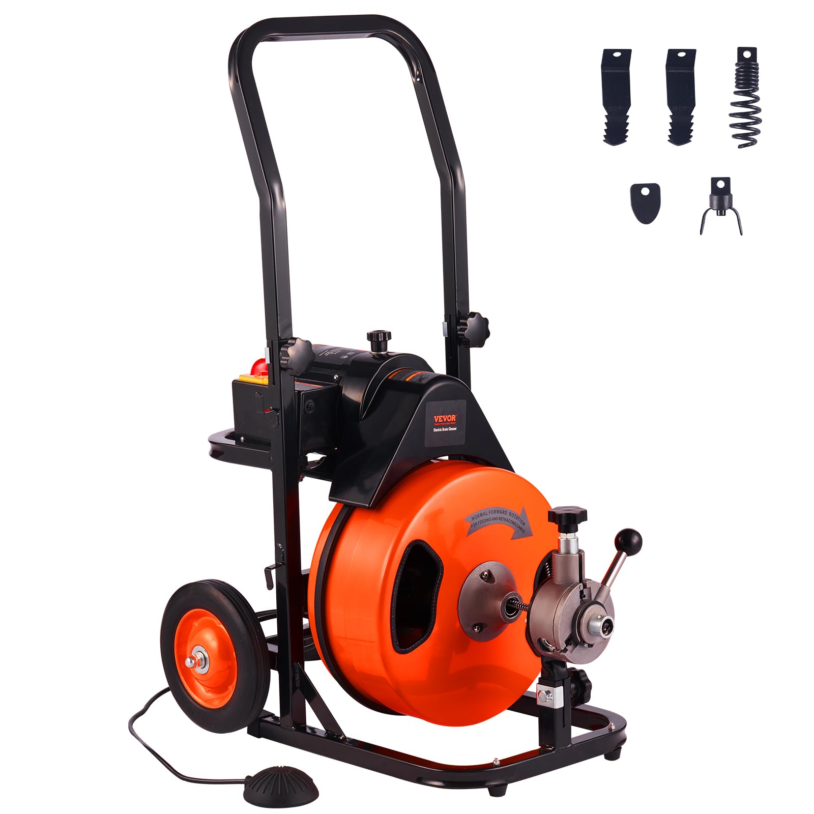 VEVOR Sewer Snake Machine 50FTx1/2Inch, Drain Cleaning Machine with 4 Wheels, Electri Drain Auger 4 Cutters & Foot Switch for 1''- 4''Pipes