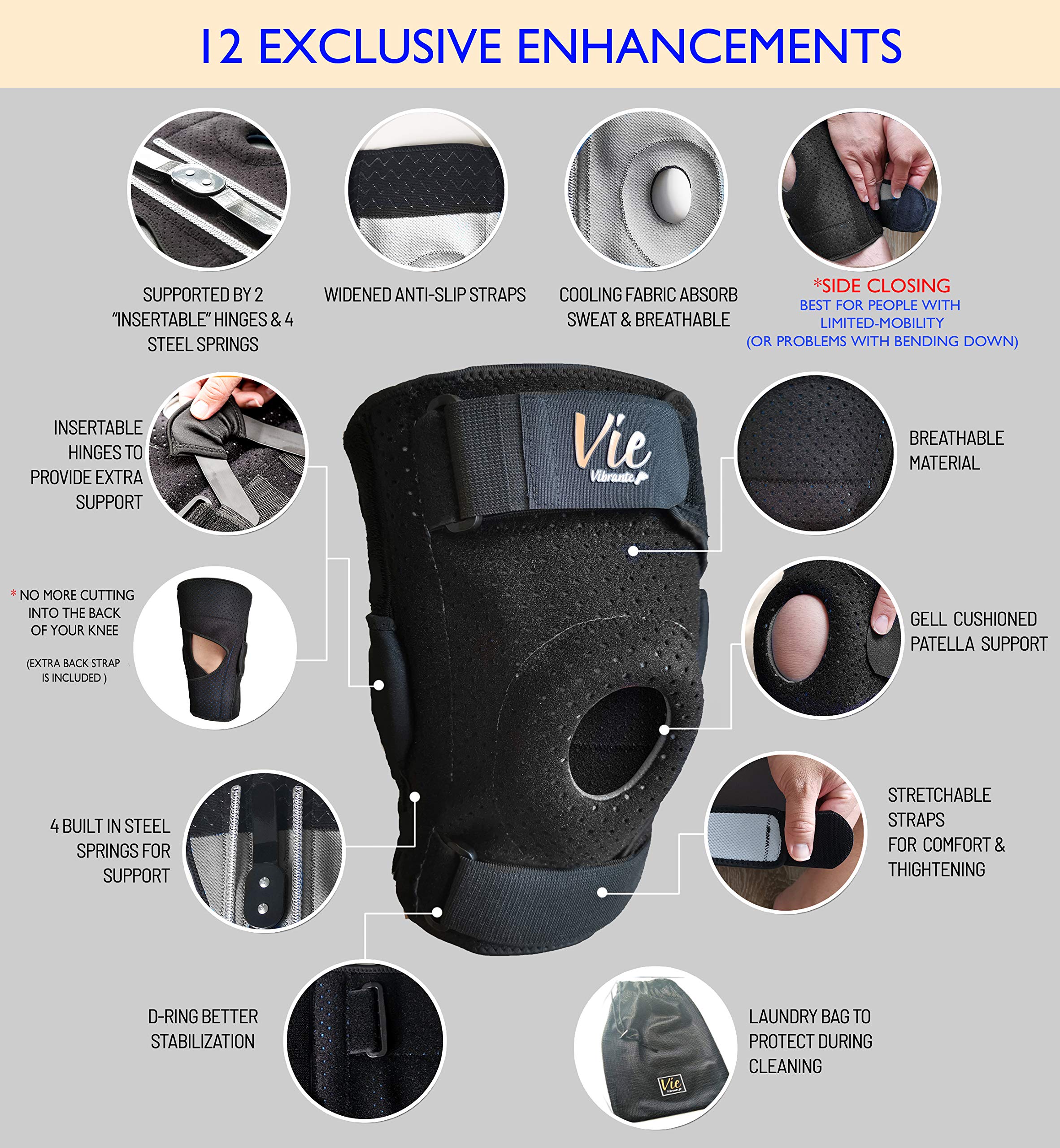 VieVibrante Plus Size Knee Brace Exclusive - Hinged Side Closing Design for Fast Easy Wearing. Designed for Plus Size Men and Women, Provides Great Stabilization, Support, Non Slip & Non Bulky 3