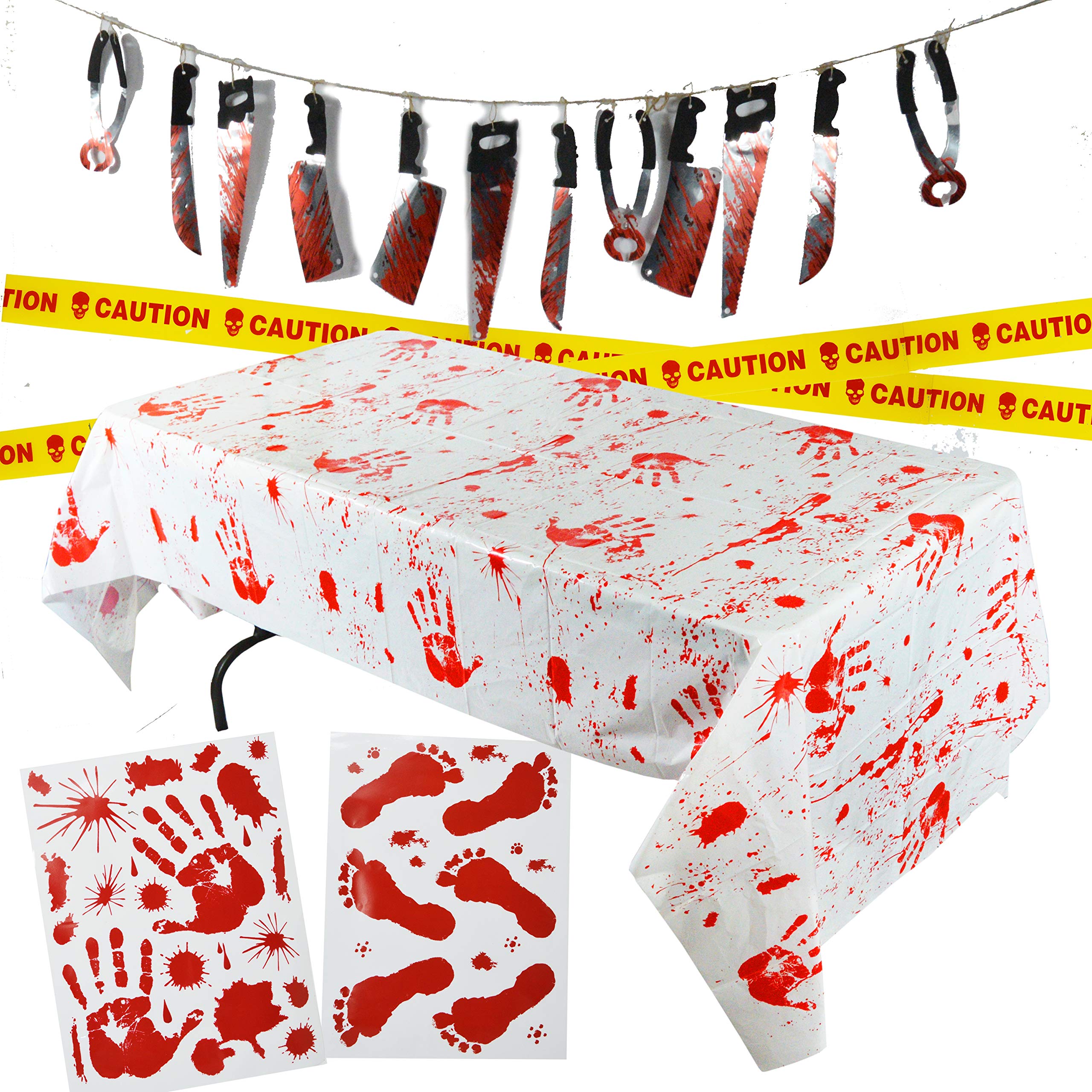 Spooktacular Creations Halloween Party Decoration Set, Including Bloody Tablecover, Weapon Garland, Bloody Clings and Caution Tapes, 5 Piece