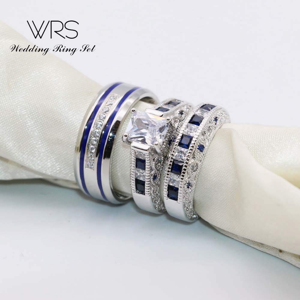 wedding ring set Two Rings His Hers Couples Matching Rings Women's 2pc White Gold Filled CZ Wedding Engagement Ring Bridal Sets Men's Stainless Steel Wedding Band
